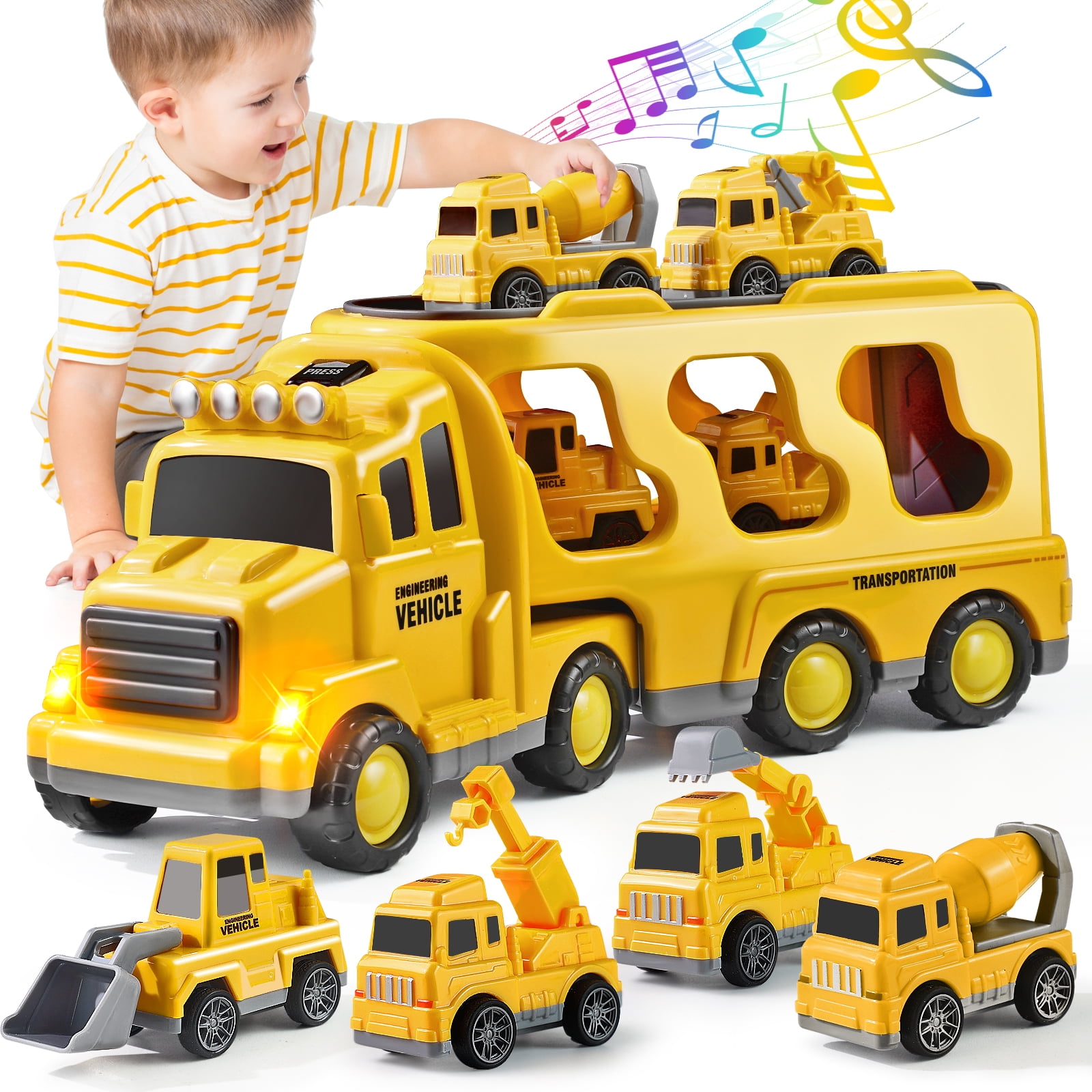 NETNEW 5-in-1 Preschool Trucks Set, Friction Toy Cars with Light and ...