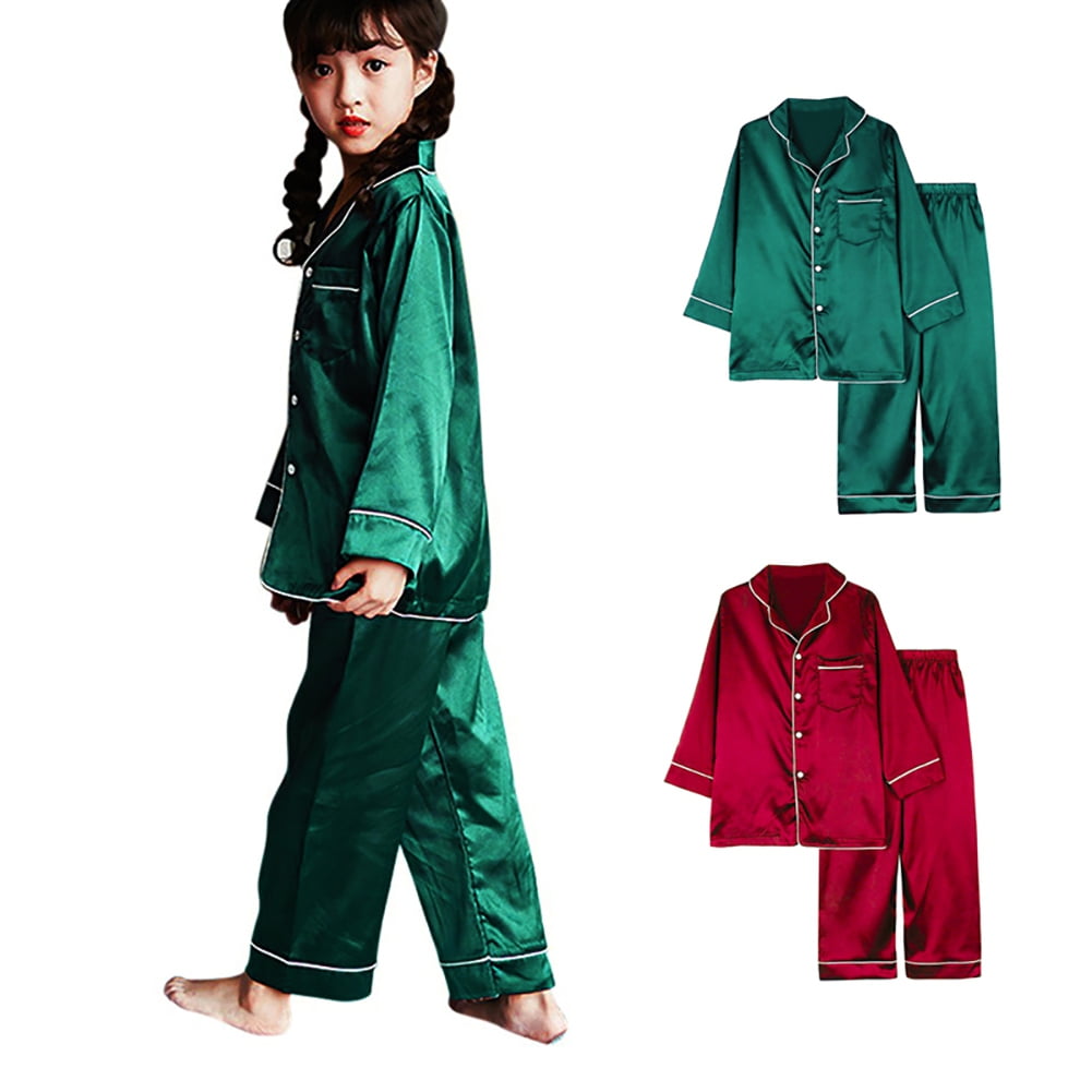 Kid Unisex Pajamas Set,Girls Boys Silk Pajamas Set Satin Long Sleeve 2 ...