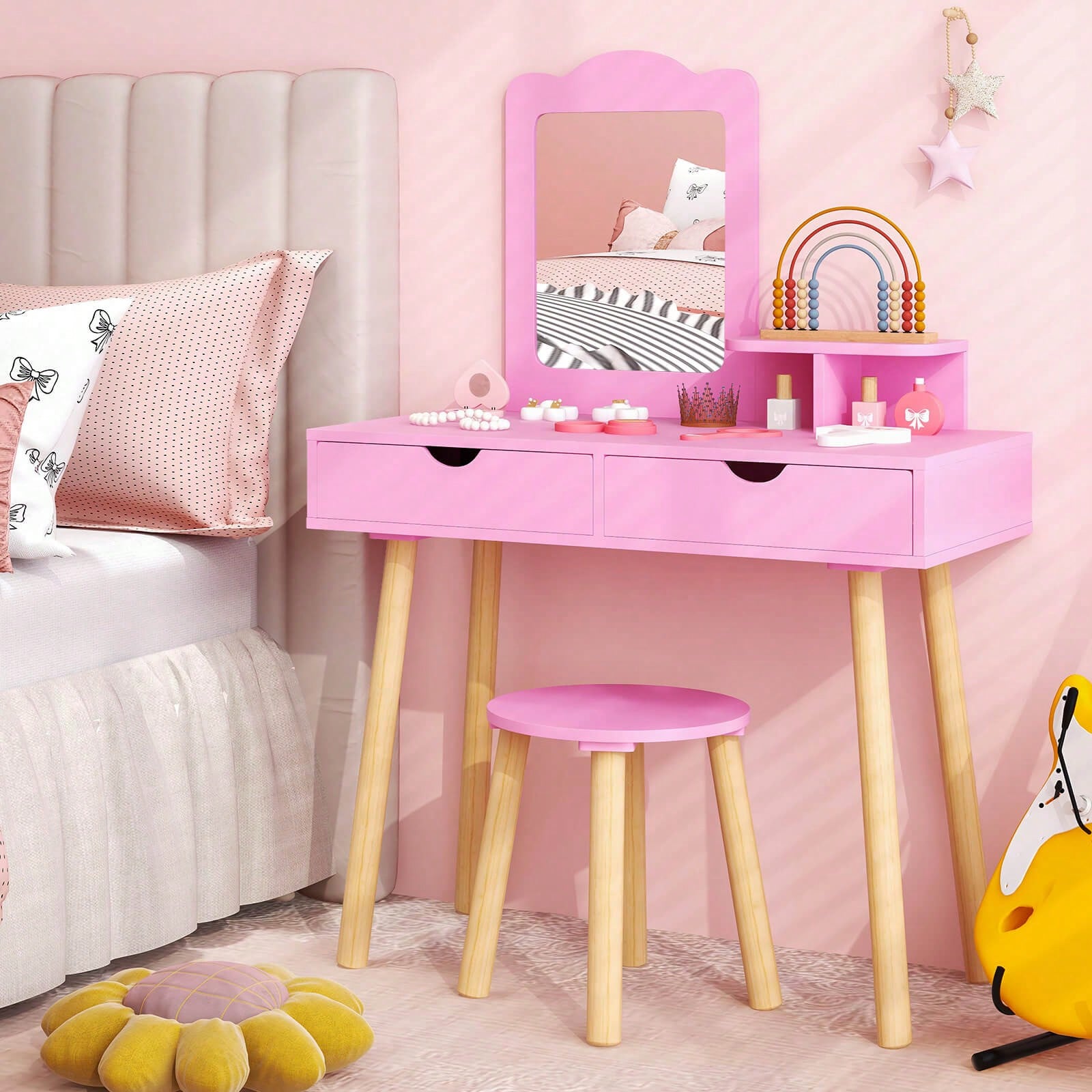 Kid Vanity Table Chair Set With Mirror Large Storage Drawers Wooden ...