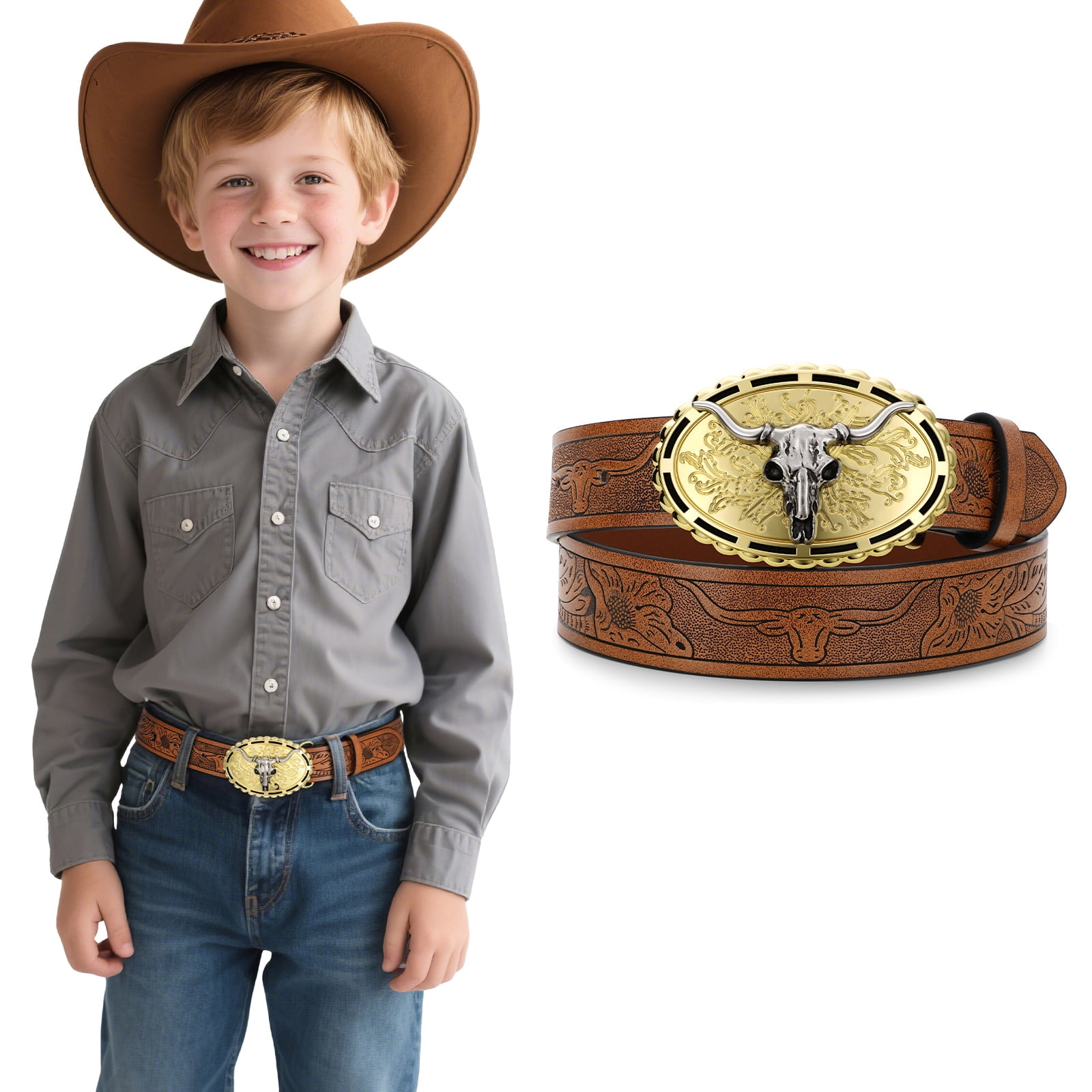 Kid Western Leather Belt for Boys Girls,Toddler Youth Embossed Bull ...