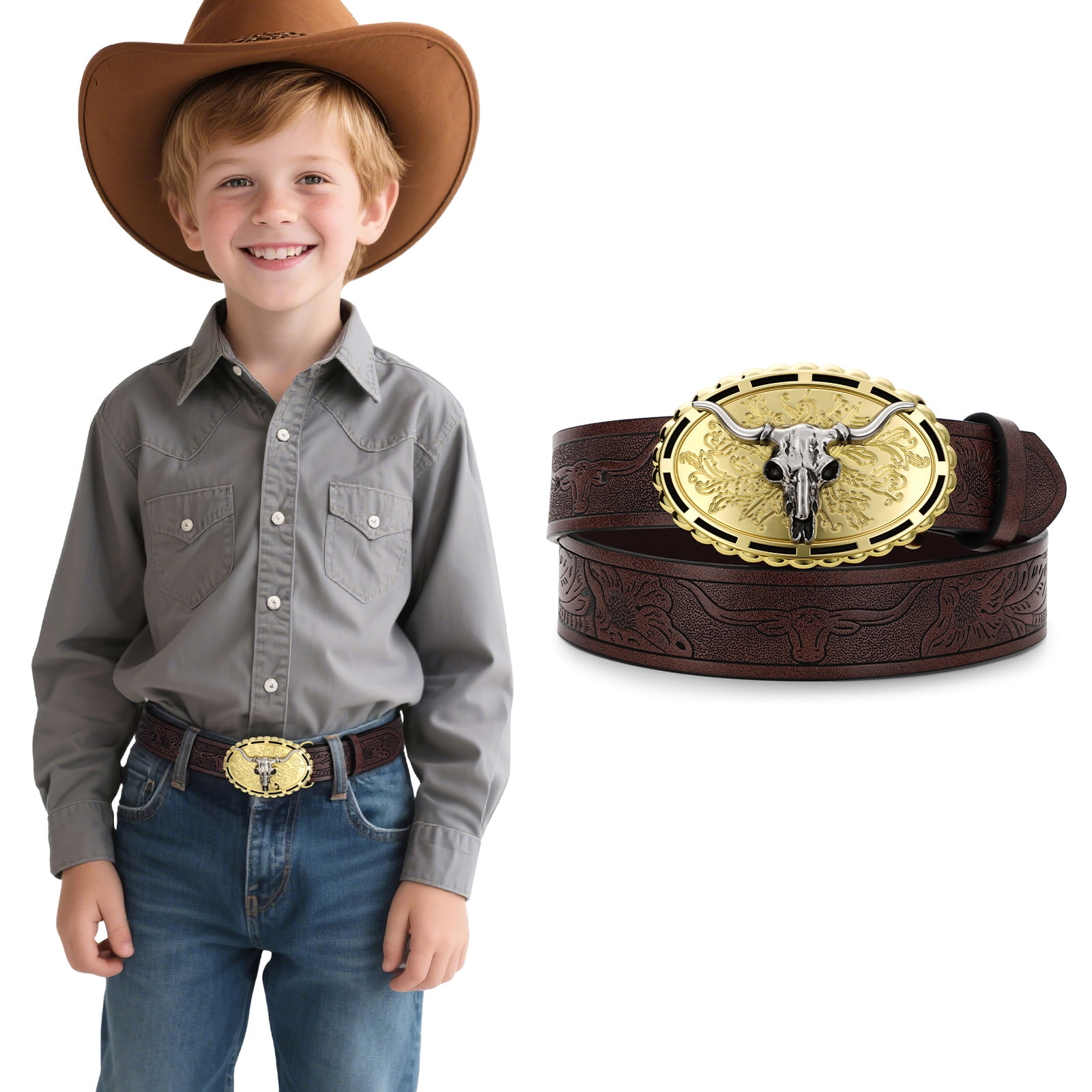 SUOSDEY, Kid Western Leather Belt, Embossed Bull, for Boys Girls Jeans ...