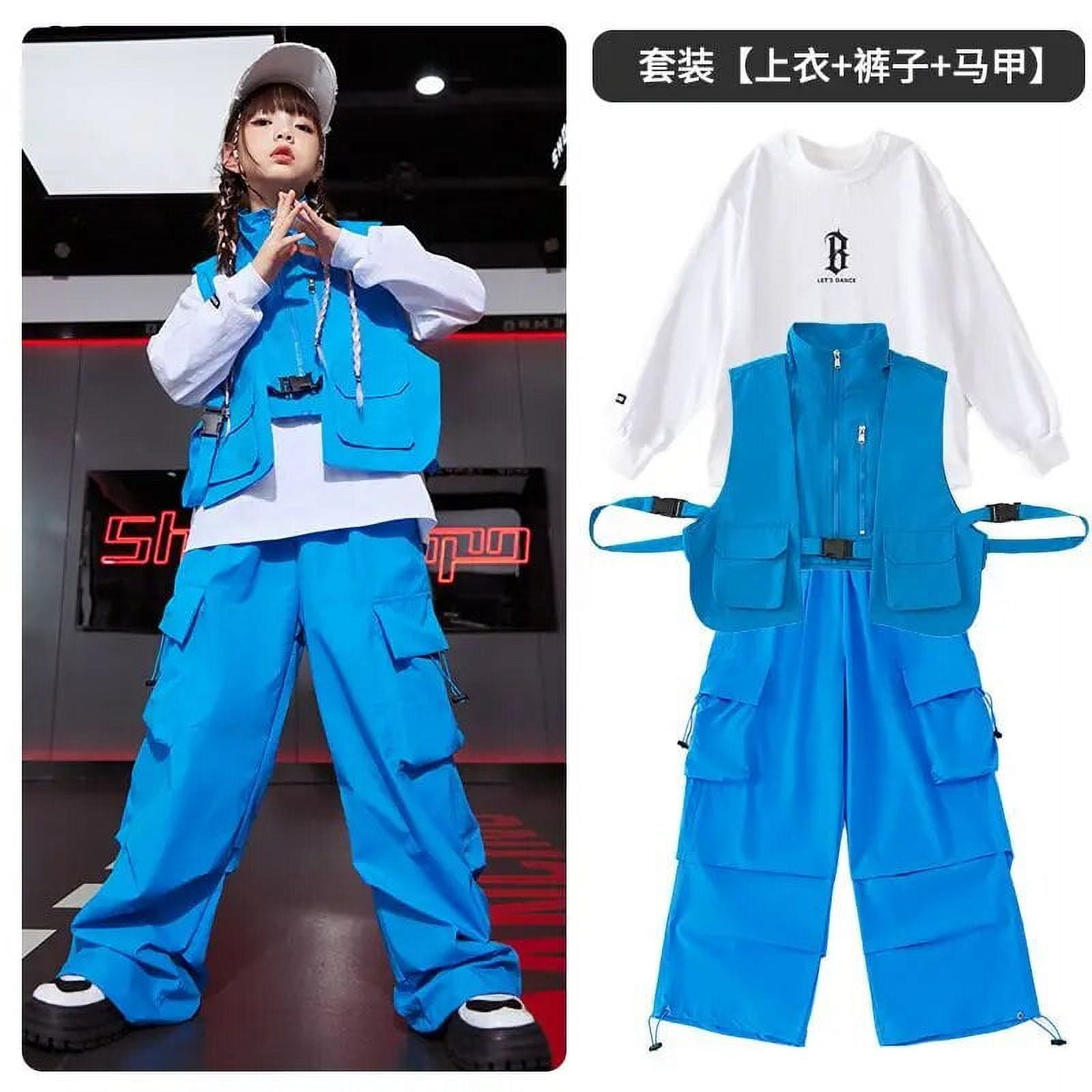 Kid costume Loose Vest Cargo Pants Blue Suit Girls Jazz Dance Drum ...