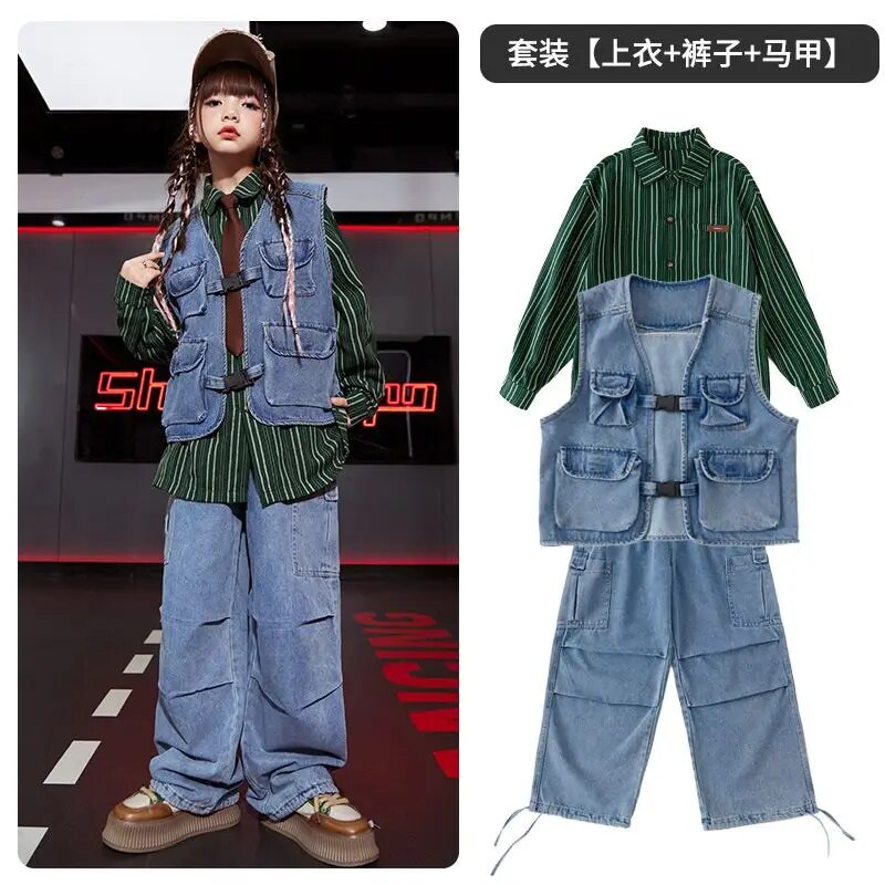 Kid costume Loose Vest Cargo Pants Blue Suit Girls Jazz Dance Drum ...