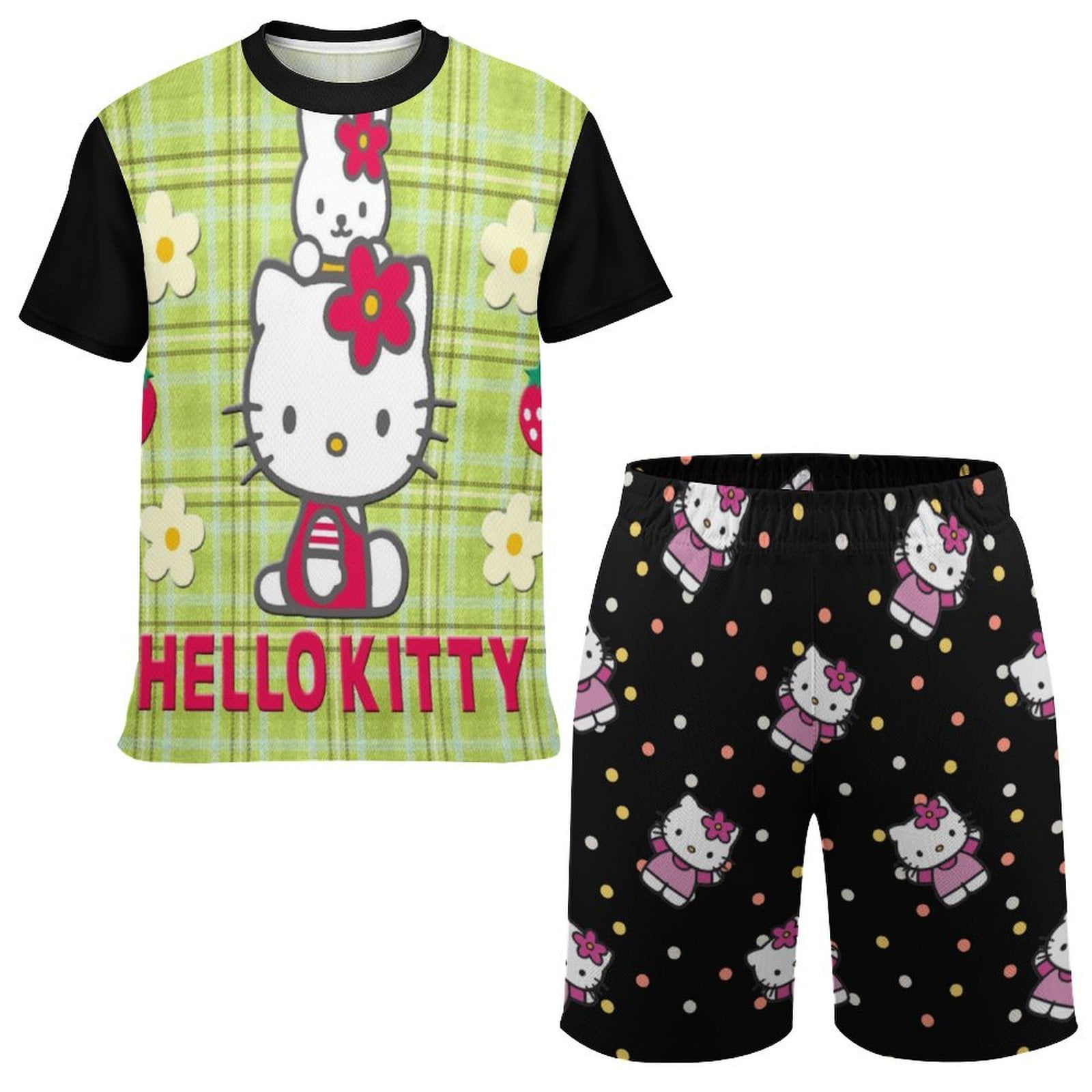 Kid's 2 Piece Outfits 3D Hello Kitty Short Sleeve Tee Shirt and Track ...