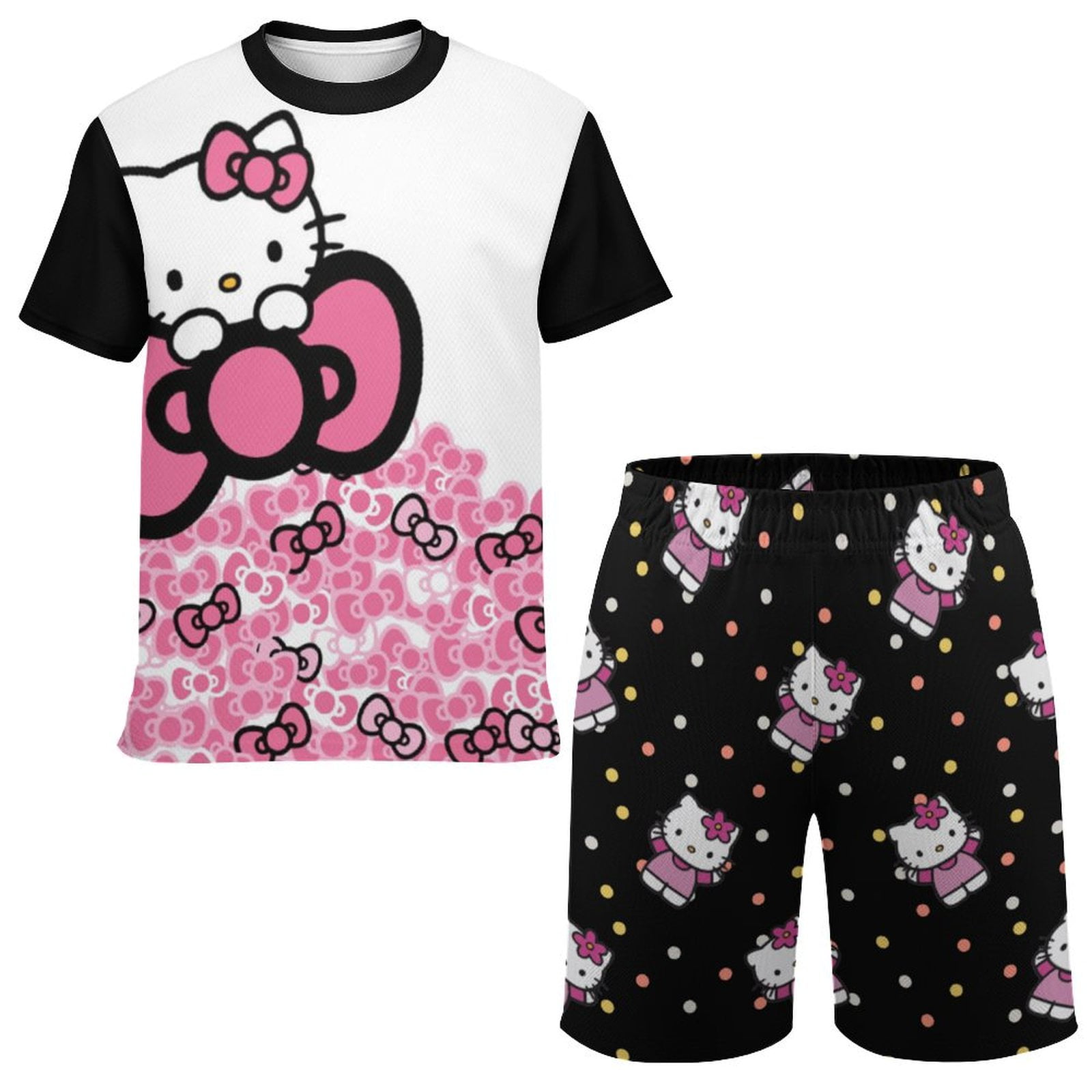 Kid's 2 Piece Outfits 3D Hello Kitty Short Sleeve Tee Shirt and Track ...
