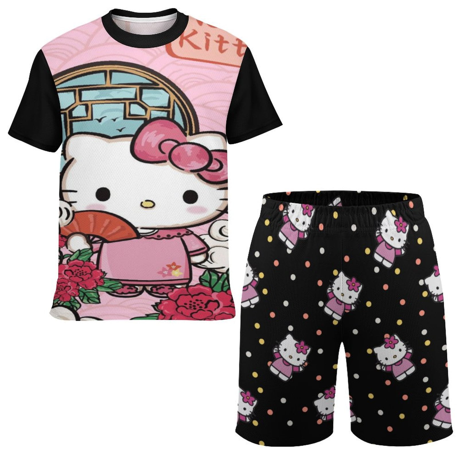 Kid's 2 Piece Outfits 3D Hello Kitty Short Sleeve Tee Shirt and Track ...