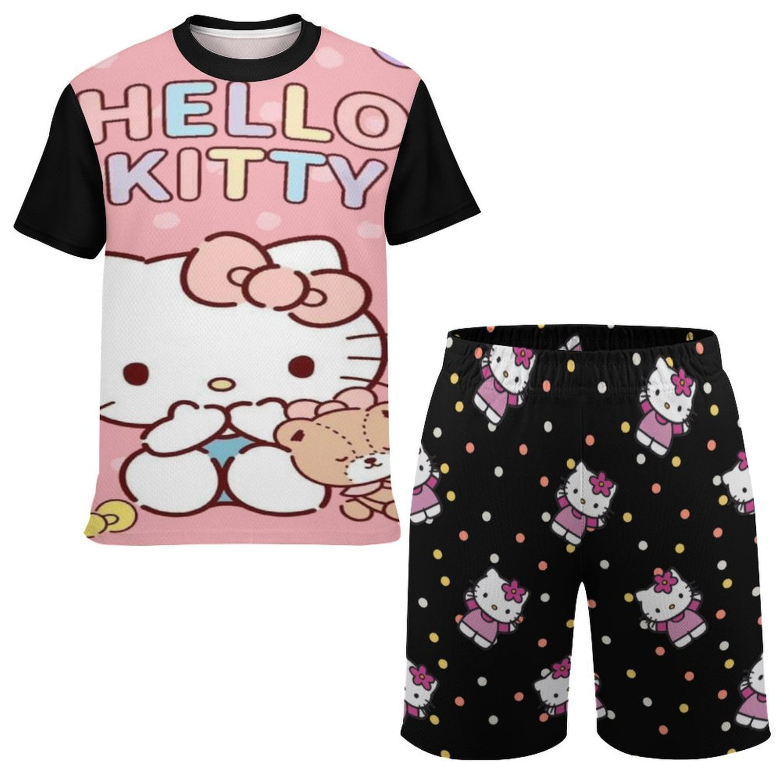 Kid's 2 Piece Outfits 3D Hello Kitty Short Sleeve Tee Shirt and Track ...
