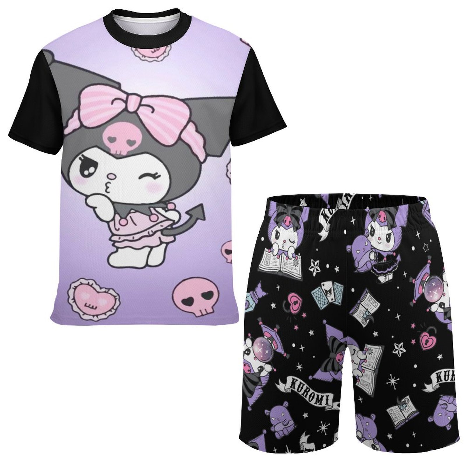 Kid's 2 Piece Outfits 3D Kuromi Short Sleeve Tee Shirt and Track Shorts ...