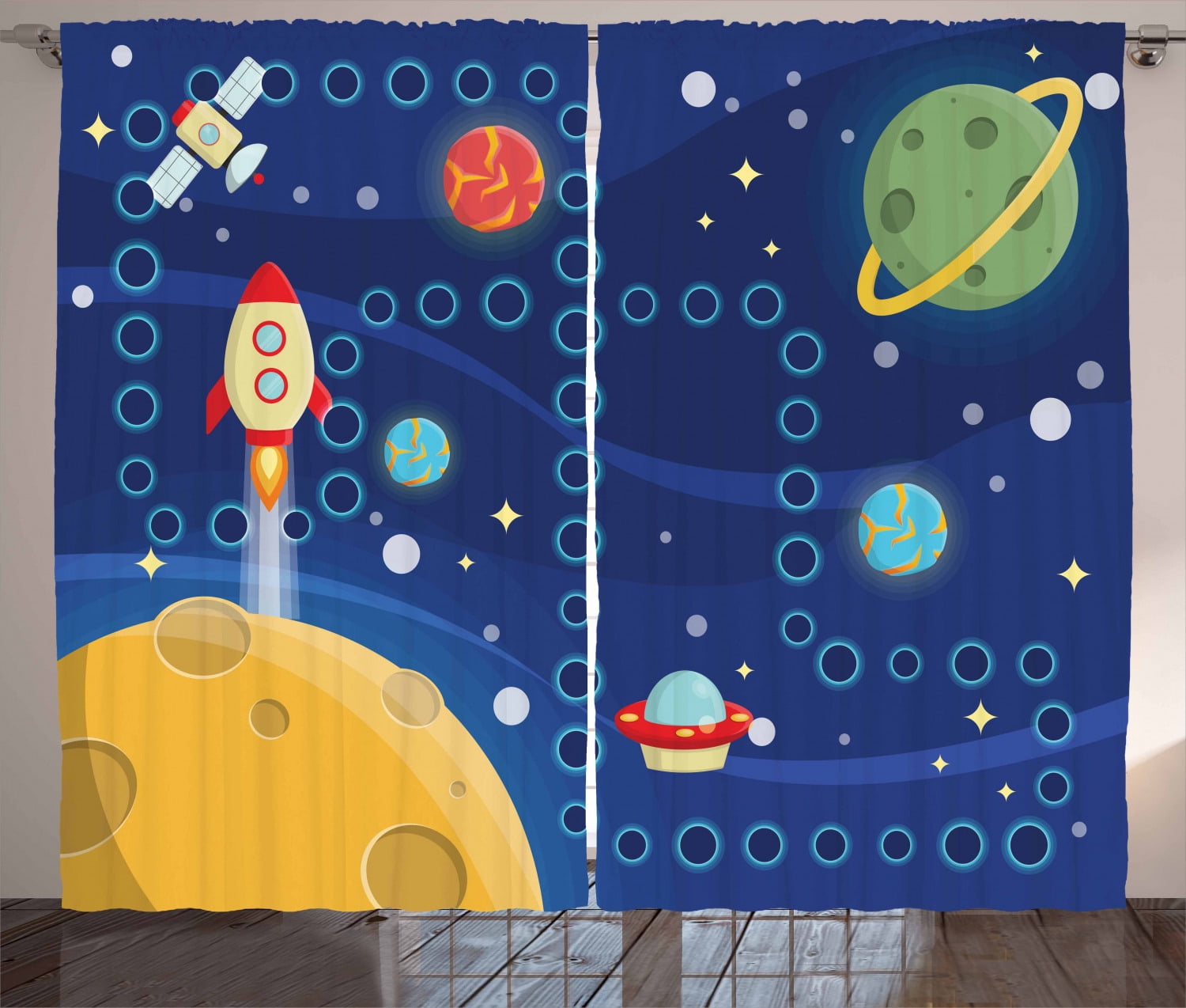 Ambesonne Cartoon Activity Curtains 2 Panel Set, Racing in Cosmos, 108 ...