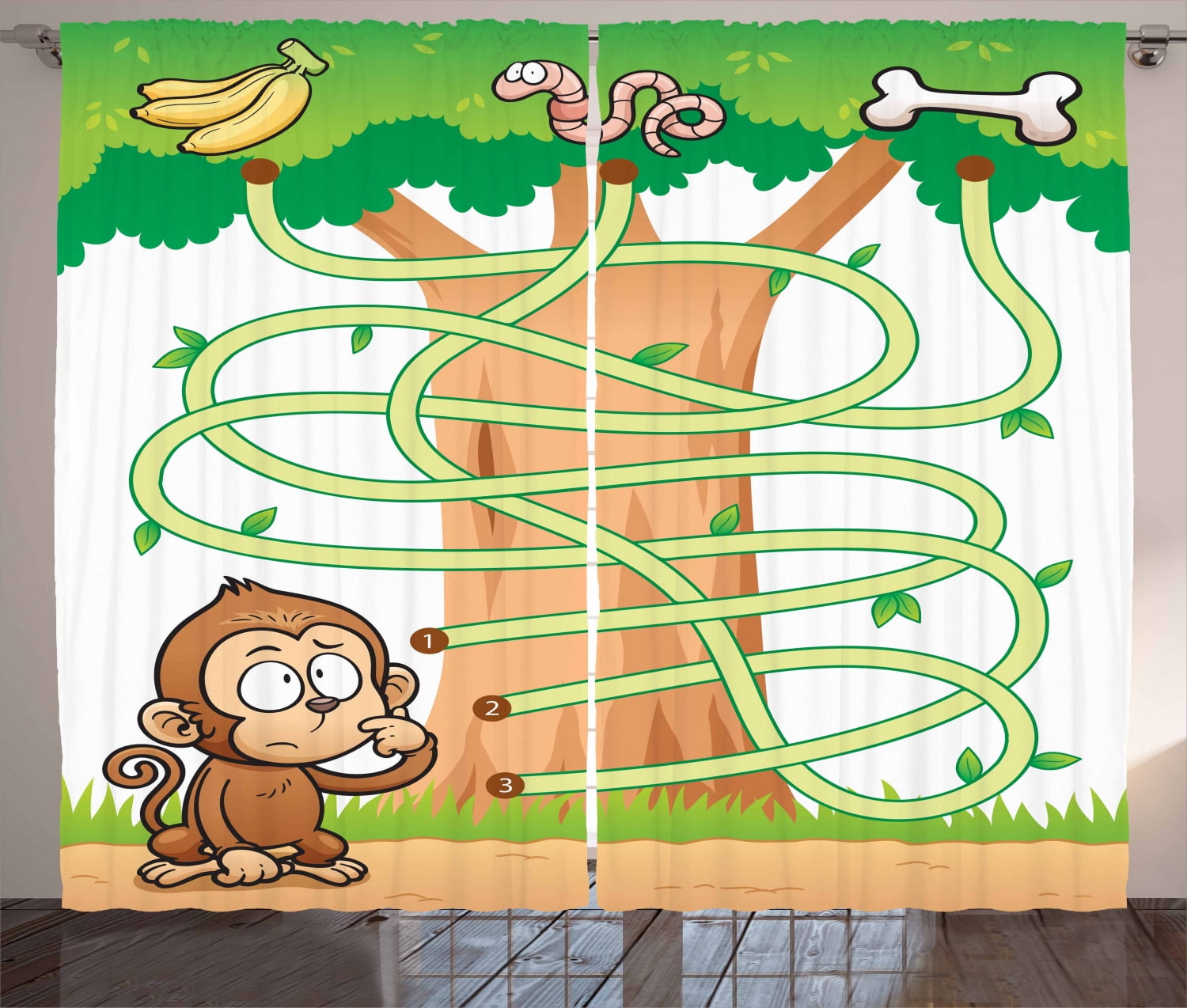 Ambesonne Cartoon Activity Curtains 2 Panel Set, Curious Monkey, 108" x ...