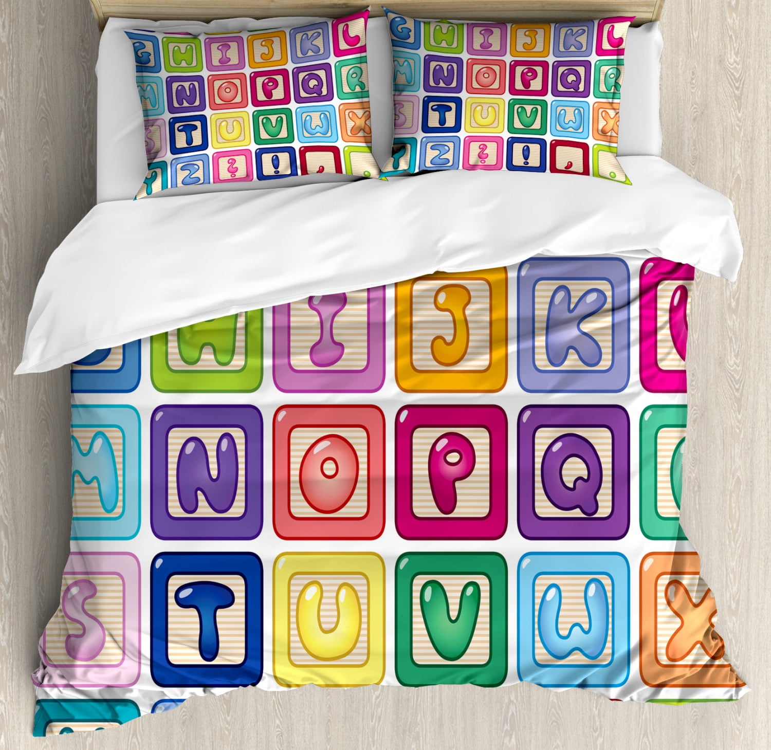 Kid's Activity Duvet Cover Set Queen Size, Colorful English Alphabet Blocks Childrens Cartoon ...