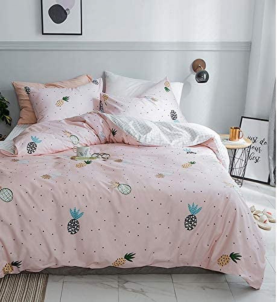 BBSET Kid's Queen Bedding Set- Pink Pineapple Duvet Cover, 100% Cotton, Ultra Soft, Breathable ...
