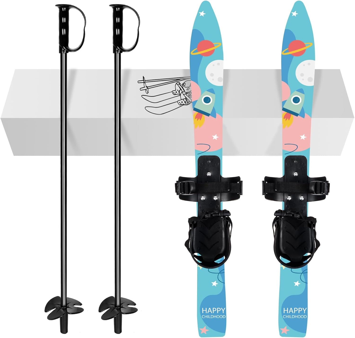 Kid's Beginner Snow Skis and Poles with Bindings, Low-Resistant Ski ...