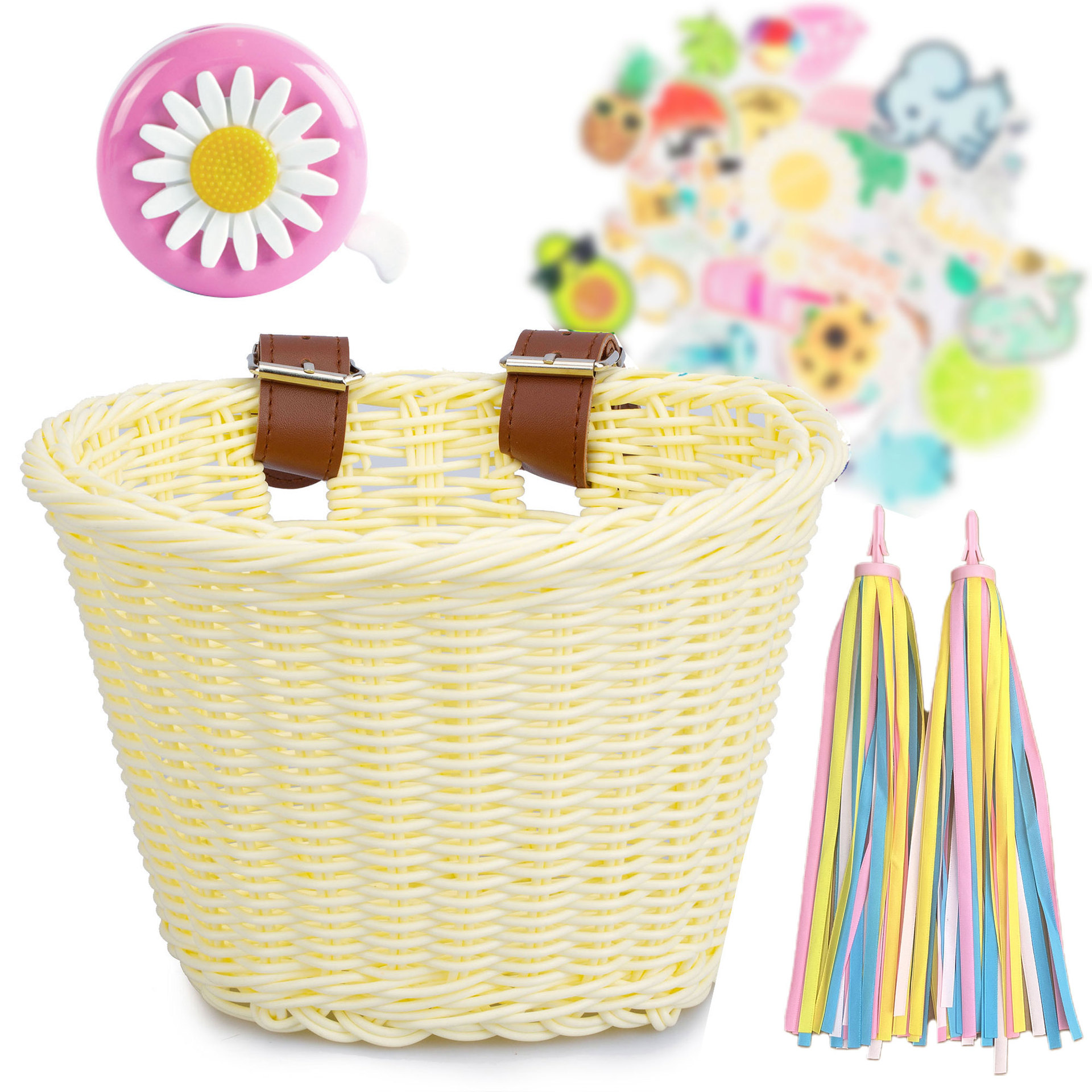 Kid's Bicycle Basket,Colored Tassels Wicker Front Handlebar Bike Basket Handlebar with Streamers ...