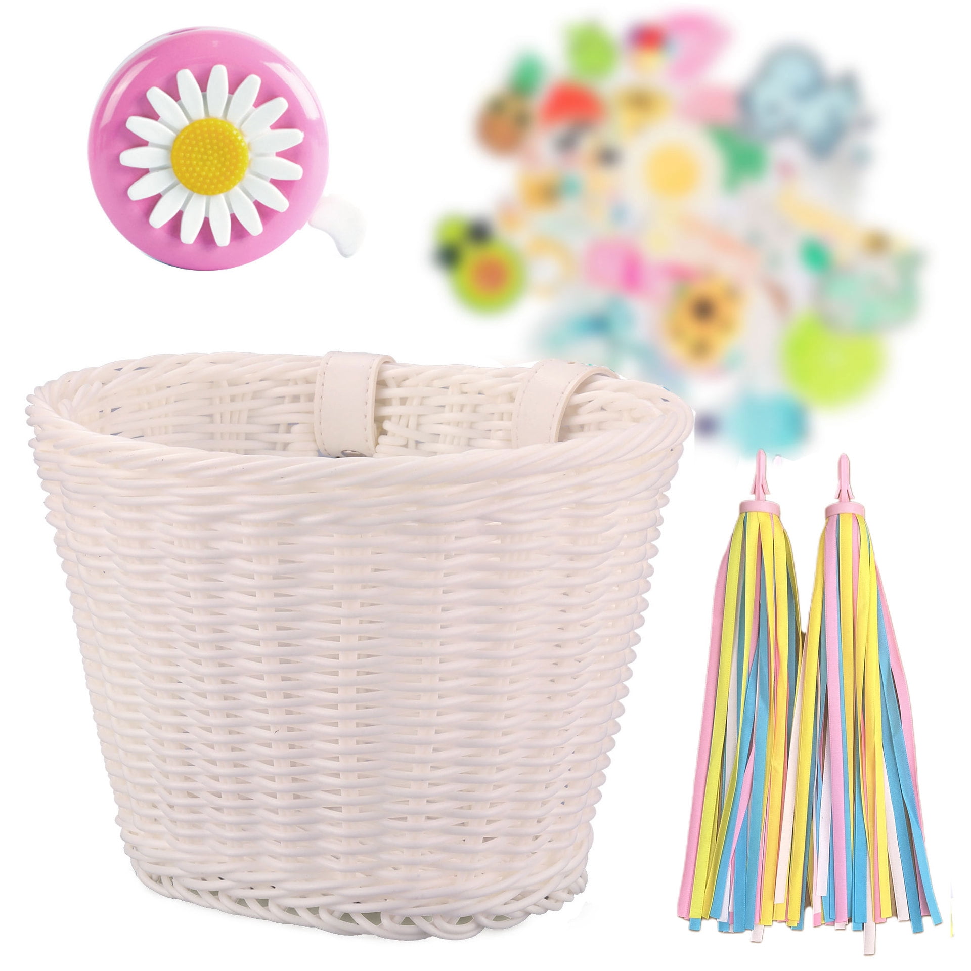 Kid's Bicycle Basket,Colored Tassels Wicker Front Handlebar Bike Basket Handlebar with Streamers ...