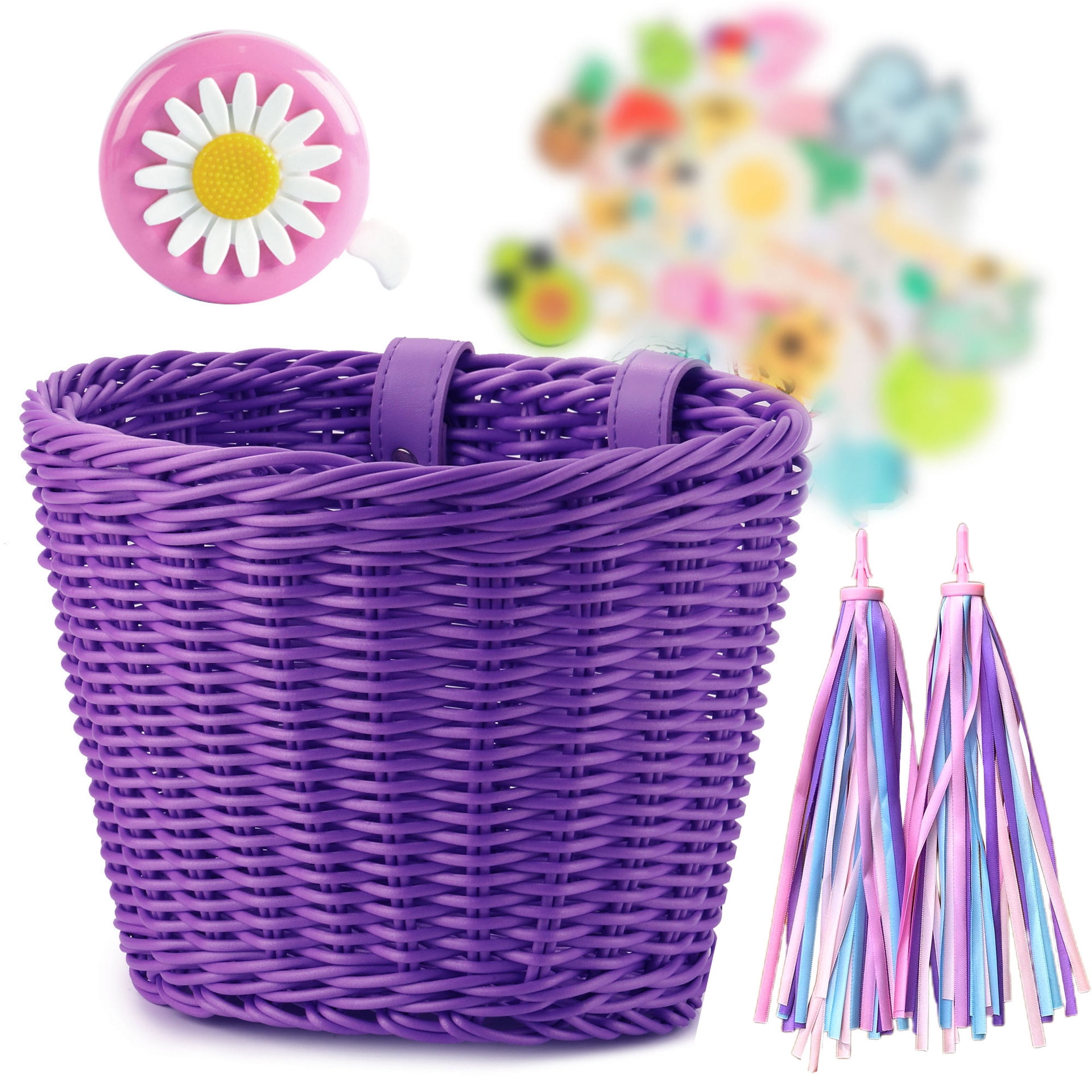 Kid's Bicycle Basket,Colored Tassels Wicker Front Handlebar Bike Basket Handlebar with Streamers ...