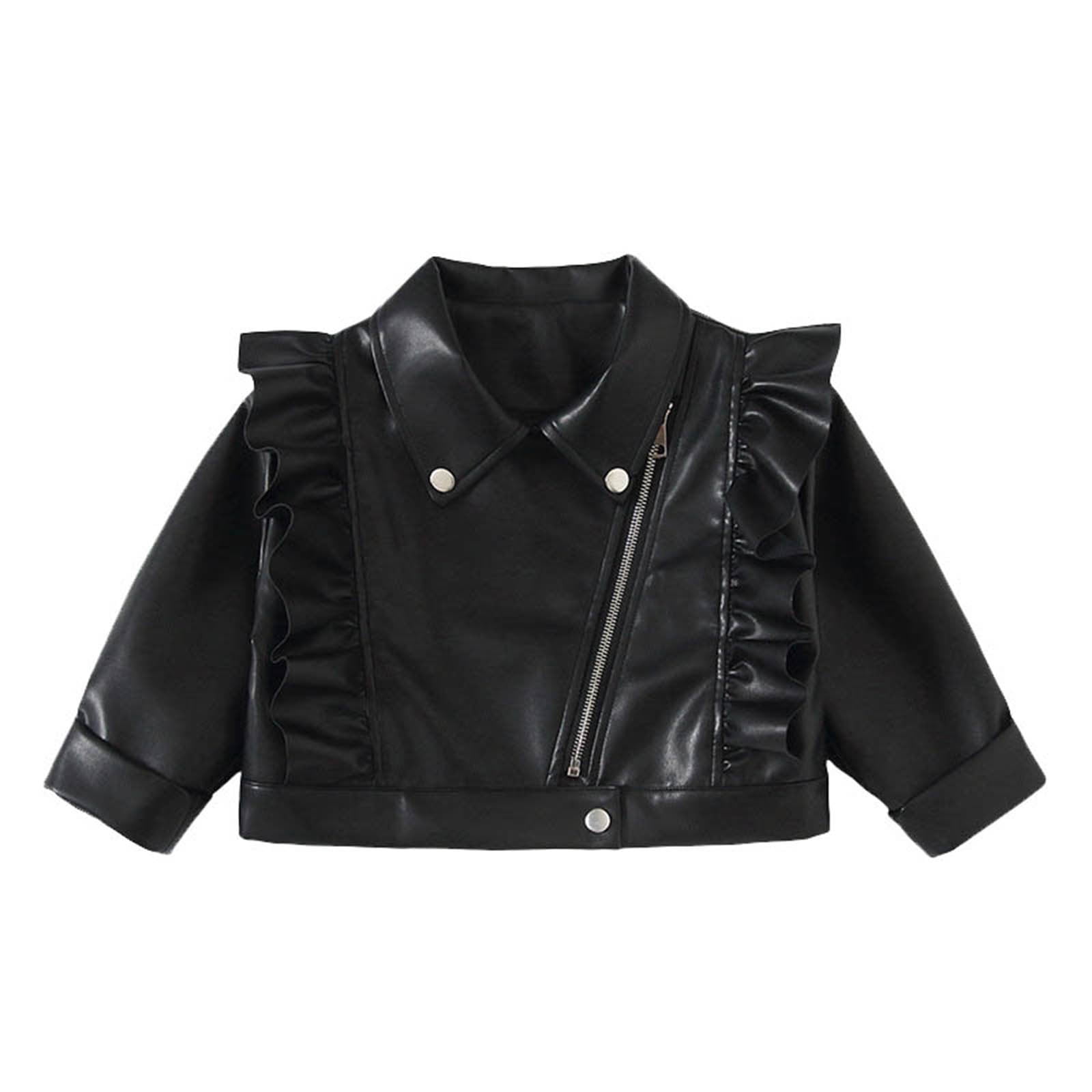 Kid's Faux Leather Jackets Lapel Fornt Zip Solid Color Biker Shackets ...