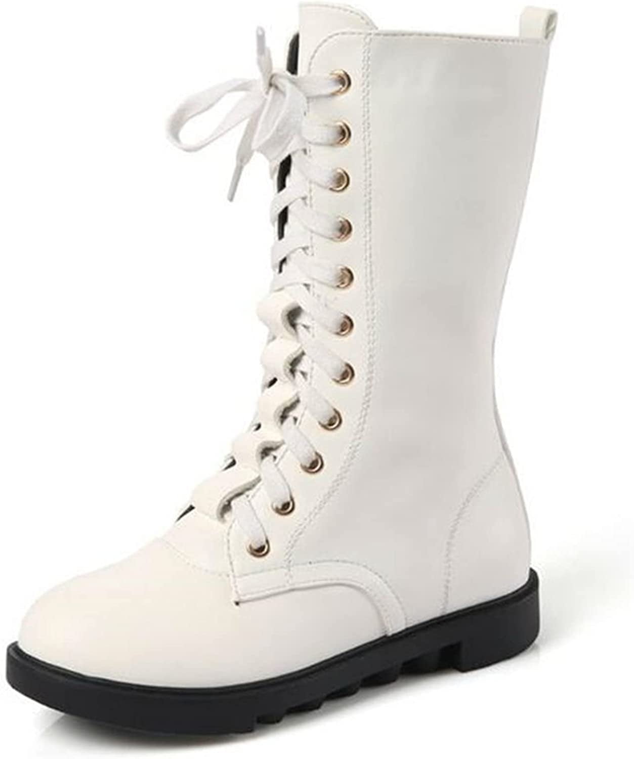 Kid's Girls Leather Lace-Up Zipper Mid Calf Combat Riding Winter Boots ...