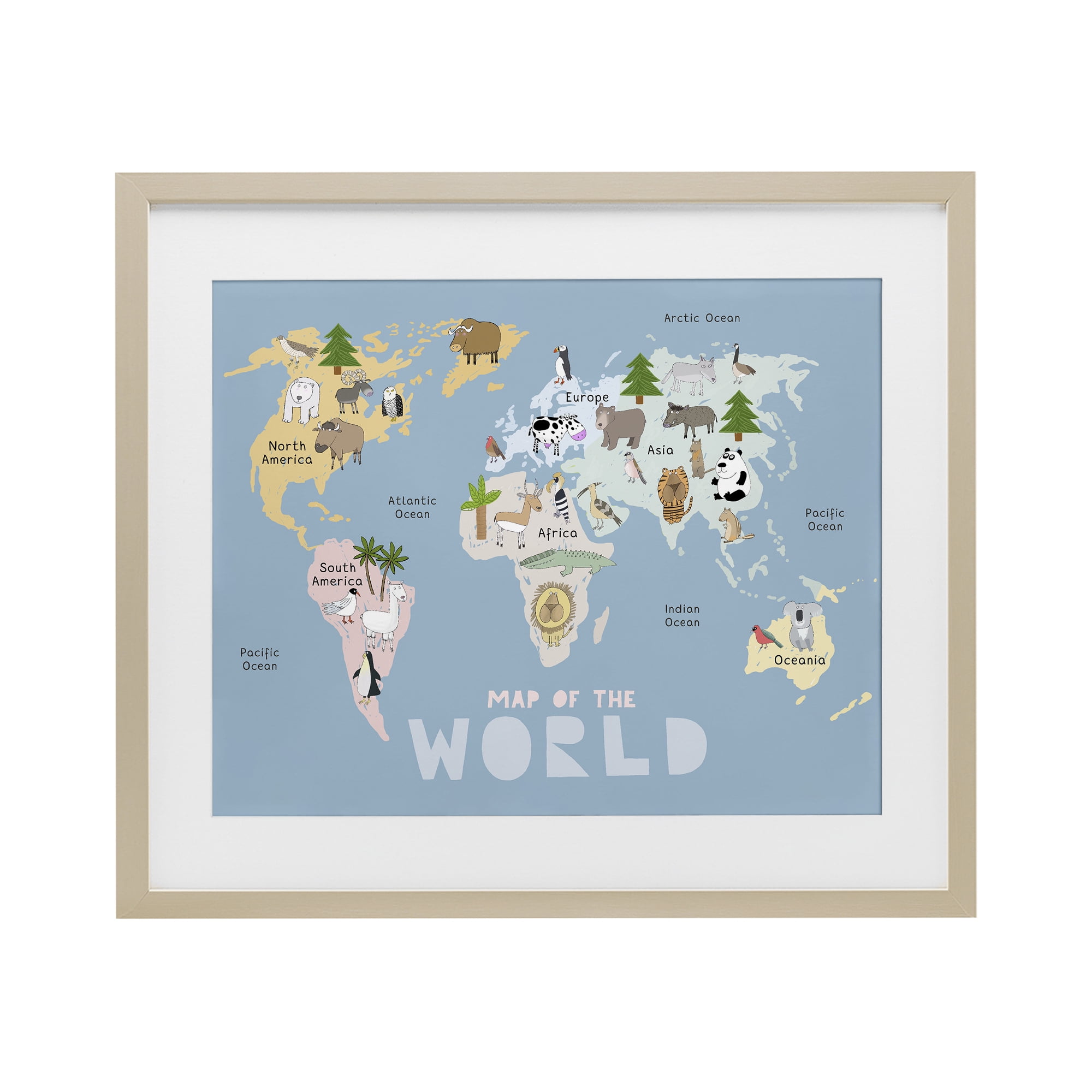 Kid's Map Of World Blue Birch Framed Print Under Glass, design by Carla ...