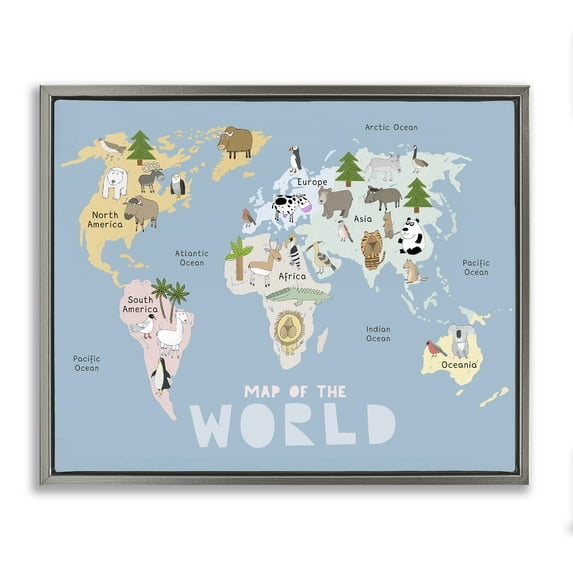 Kid's Map Of World Blue Gray Framed Floater Canvas Wall Art, design by ...