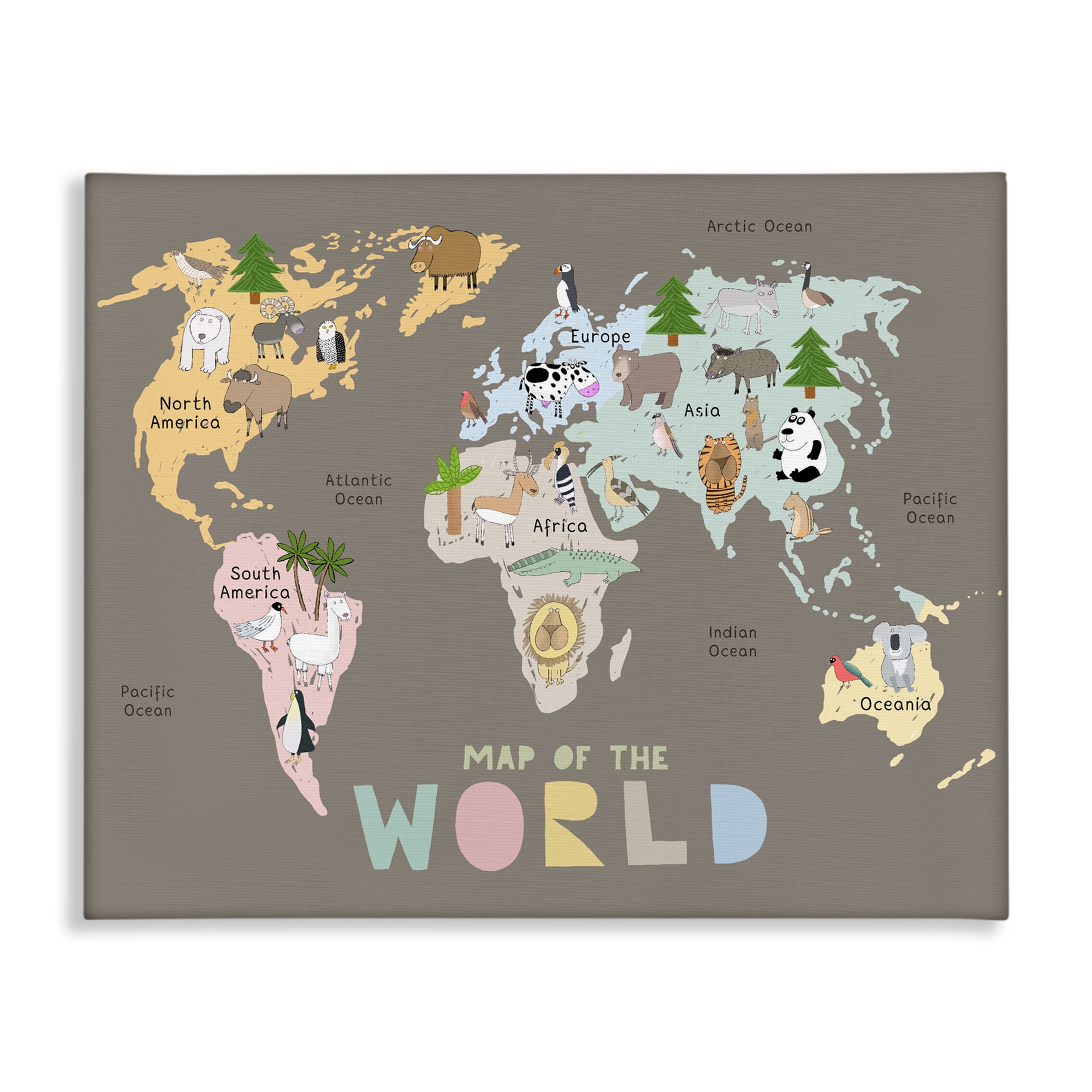 Kid's Map Of World Brown Canvas Wall Art, design by Carla Daly ...
