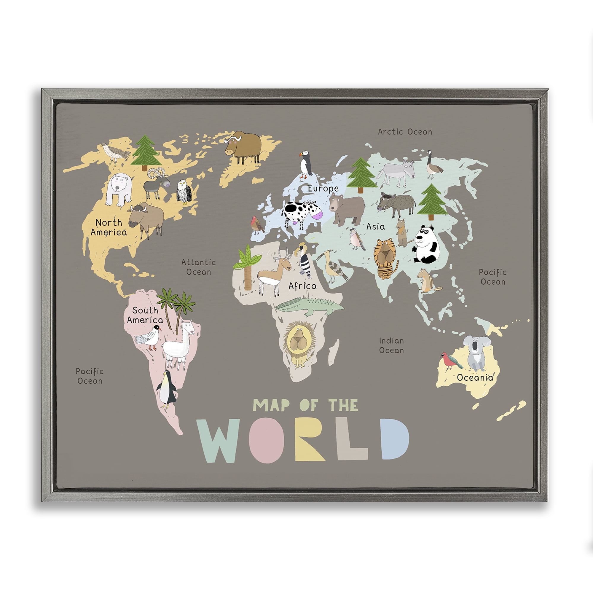 Kid's Map Of World Brown Gray Framed Floater Canvas Wall Art, design by ...