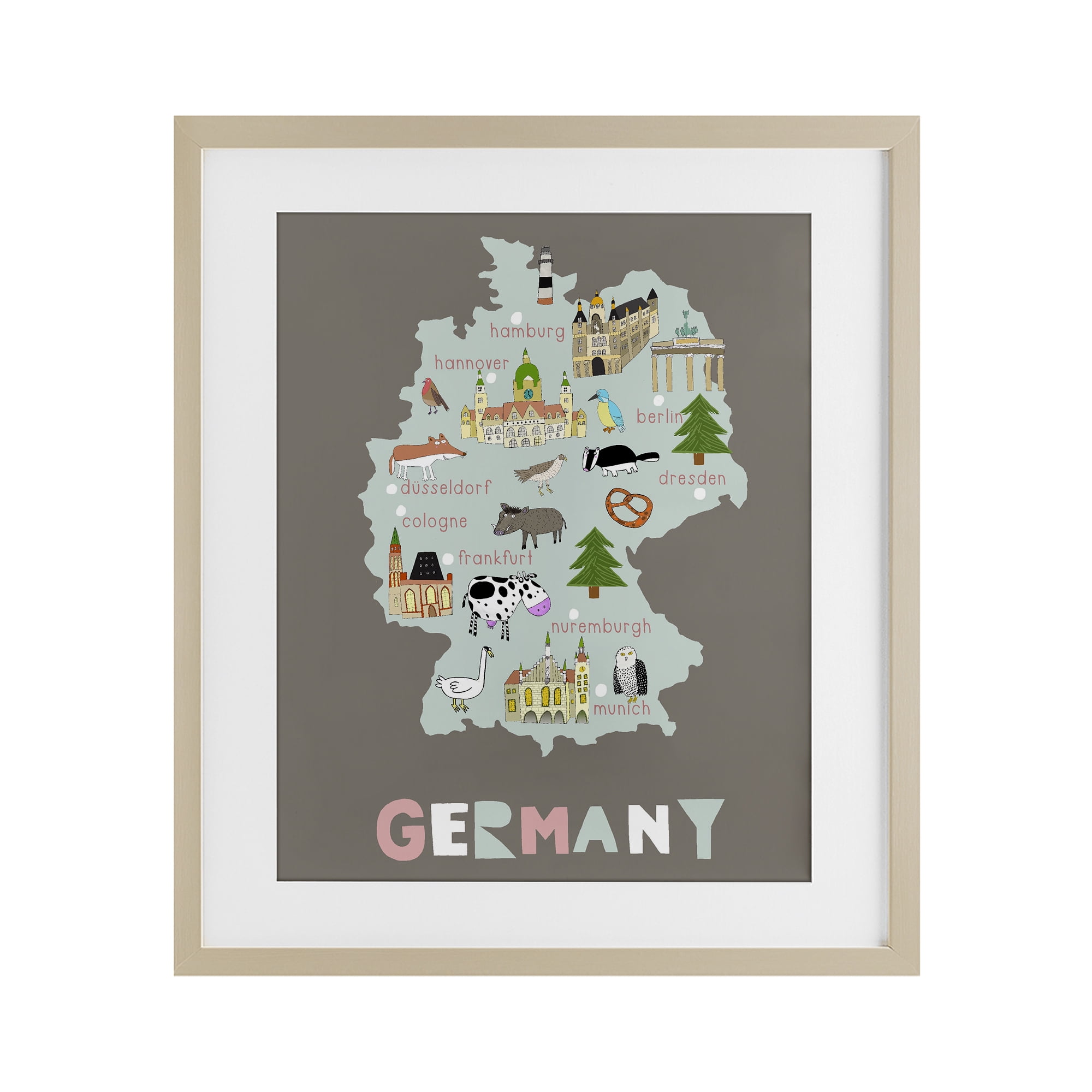 Kid's Map of Germany Birch Framed Print Under Glass, design by Carla ...