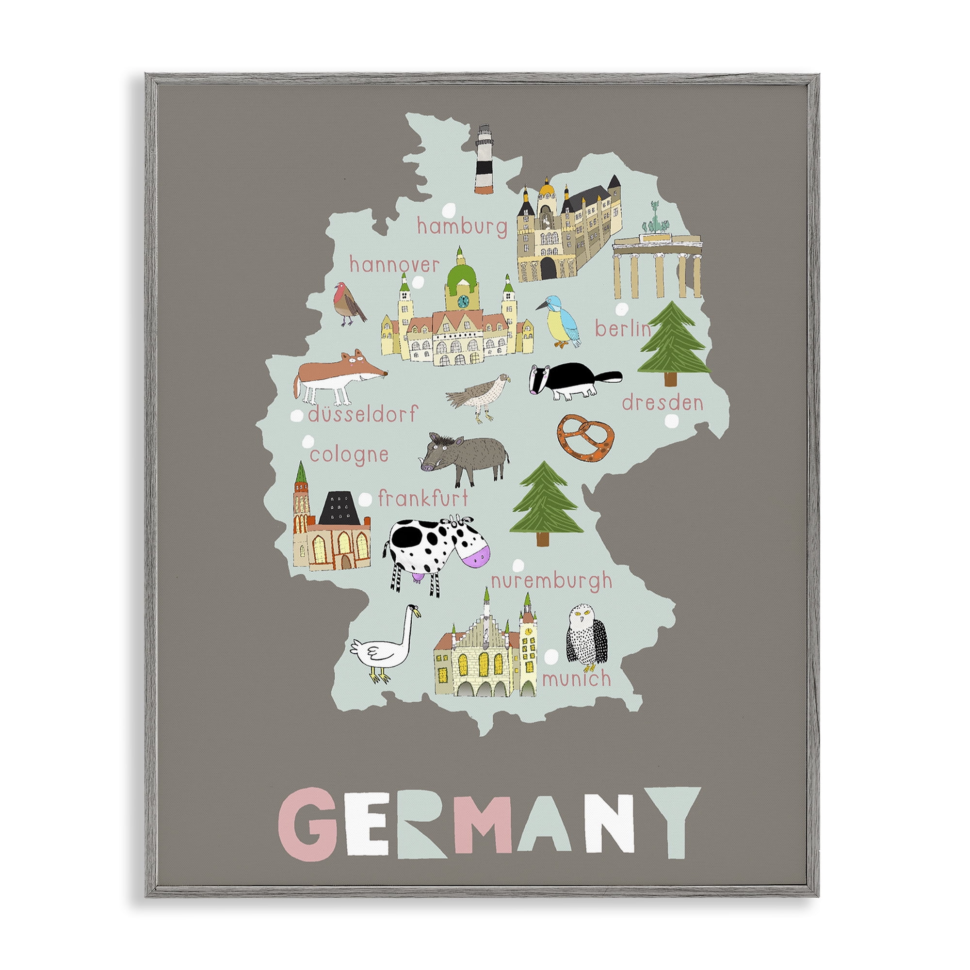 Kid's Map of Germany Gray Framed Giclee Art, design by Carla Daly ...