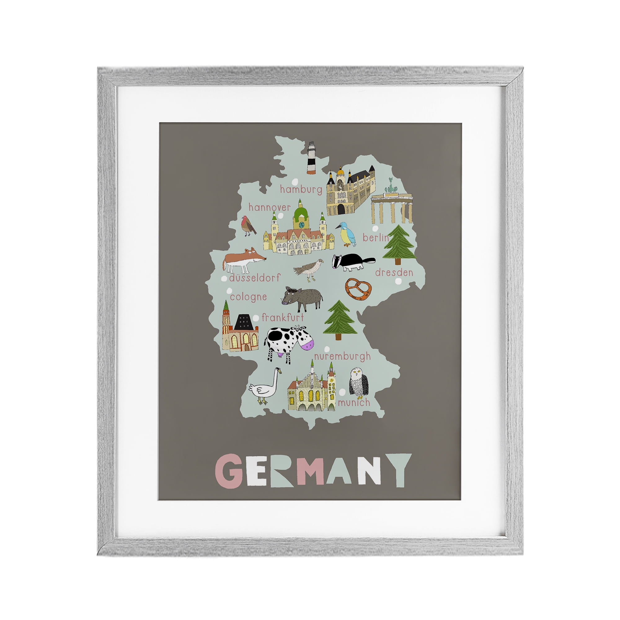 Kid's Map of Germany Gray Framed Print Under Glass, design by Carla ...