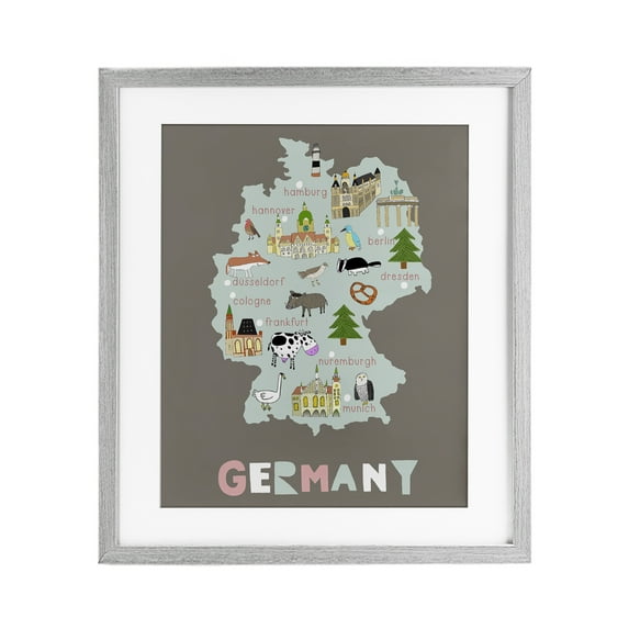 Kid's Map of Germany Gray Framed Print Under Glass, design by Carla ...