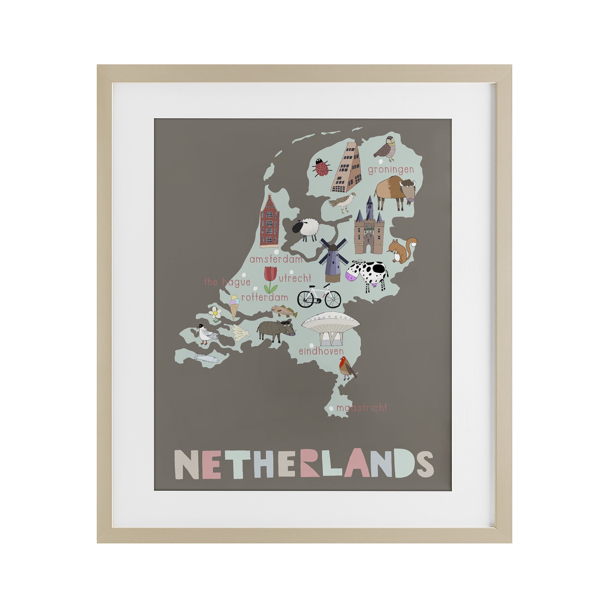 Kid's Map of Netherlands Birch Framed Print Under Glass, design by ...