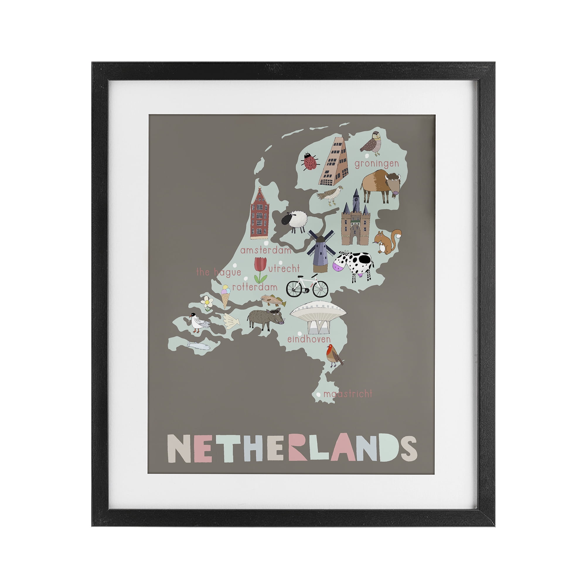 Kid's Map of Netherlands Black Framed Print Under Glass, design by ...