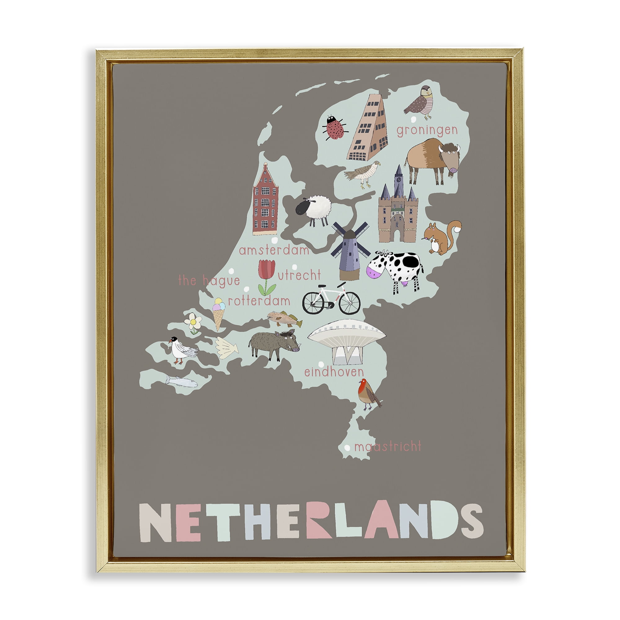 Kid's Map of Netherlands Gold Framed Floater Canvas Wall Art, design by ...