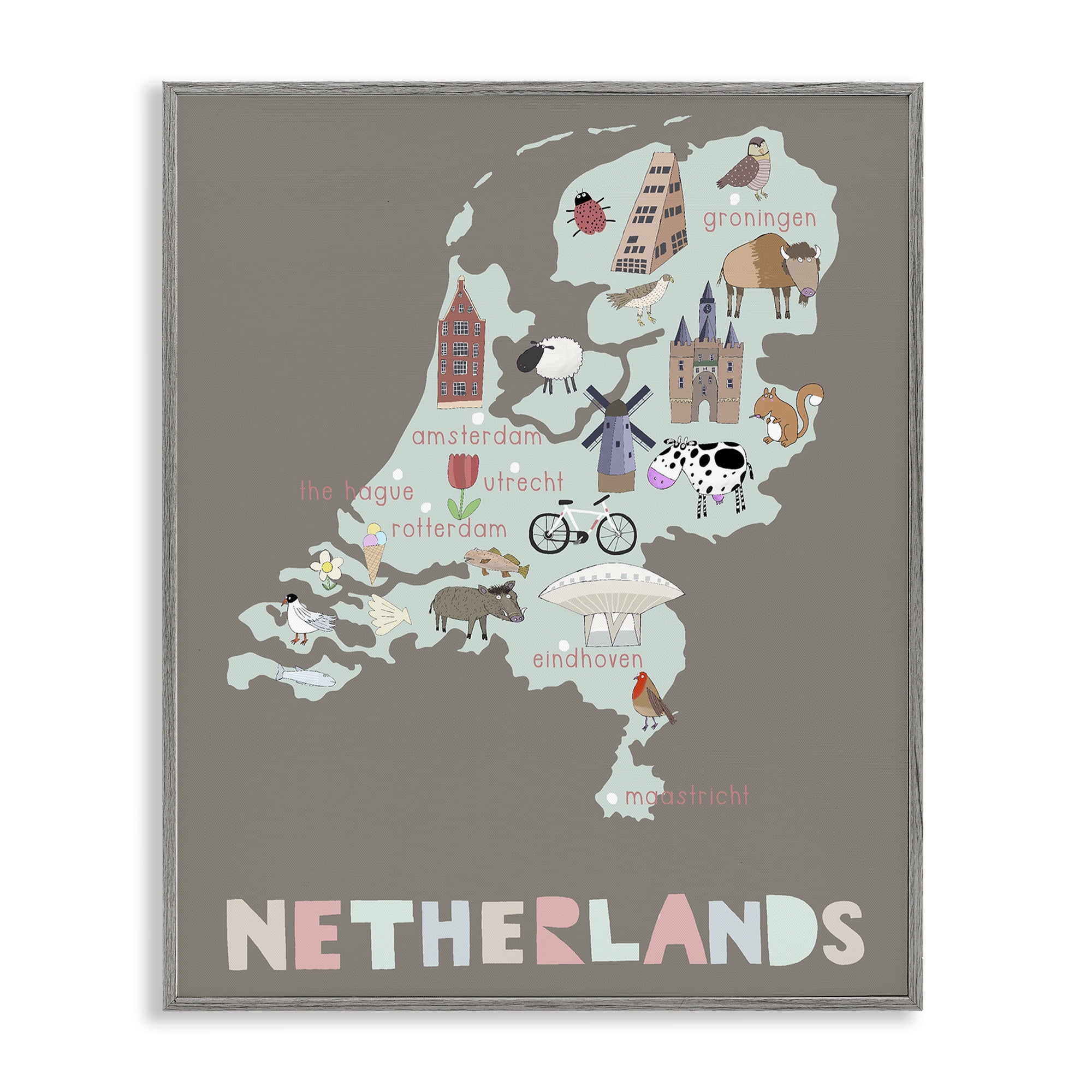 Kid's Map of Netherlands Gray Framed Giclee Art, design by Carla Daly ...