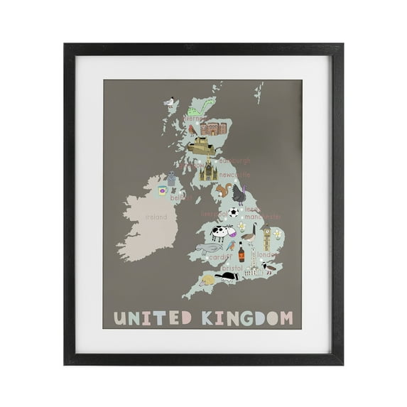 Kid's Map of United Kingdom Black Framed Print Under Glass, design by ...