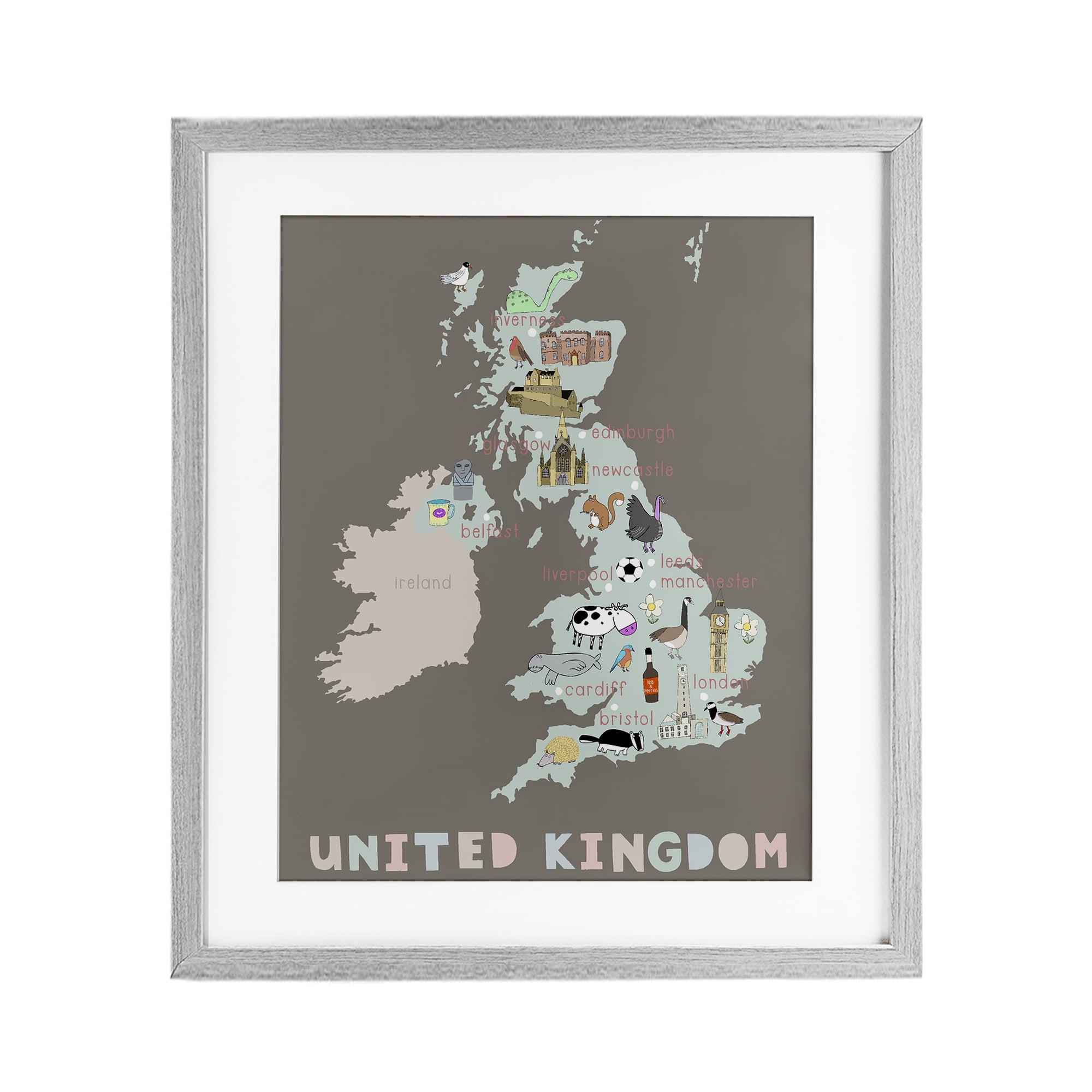 Kid's Map of United Kingdom Gray Framed Print Under Glass, design by ...