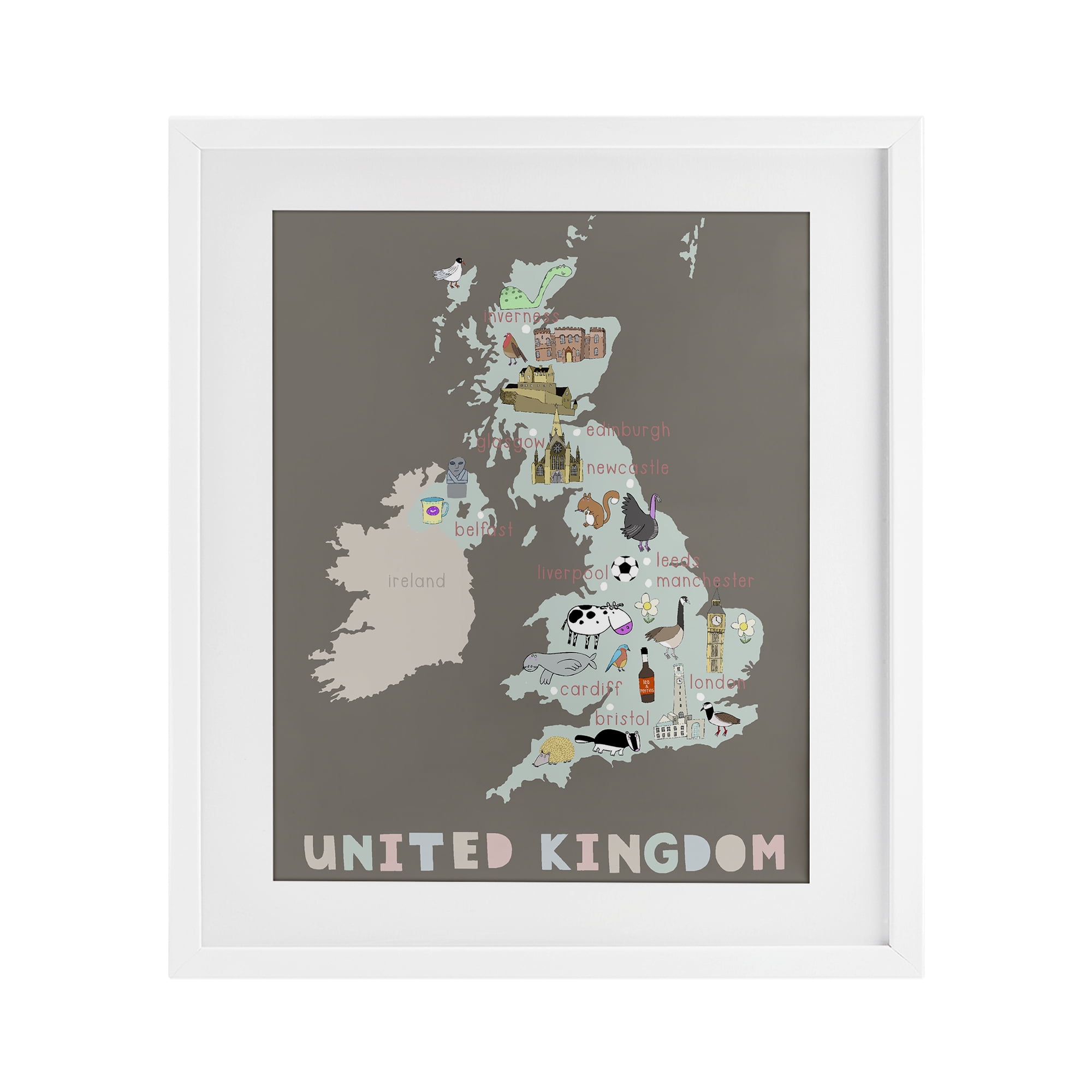 Kid's Map of United Kingdom White Framed Print Under Glass, design by ...