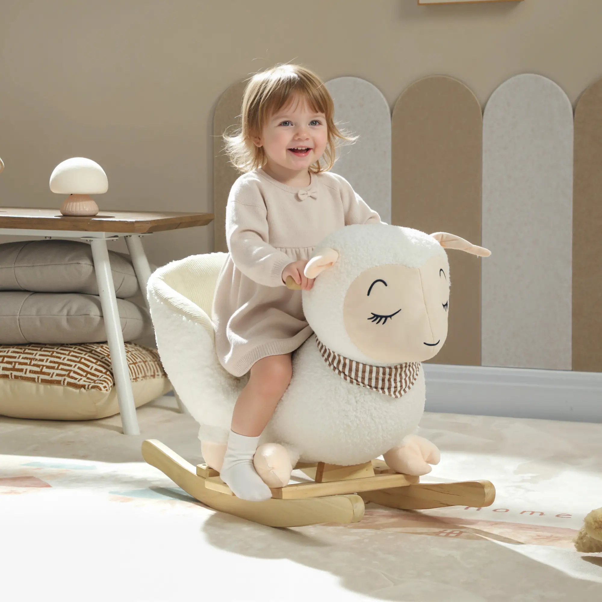 Kid's Plush Sheep Rocking Horse, White with Built-In Lullaby 3-Point ...