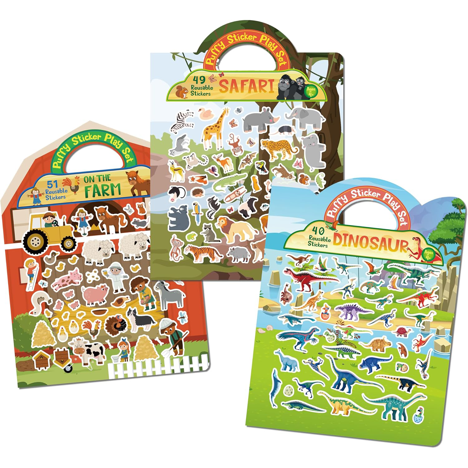 Kid's Travel Puffy Sticker Book, Farm, Dinosaur & Safari Animals ...