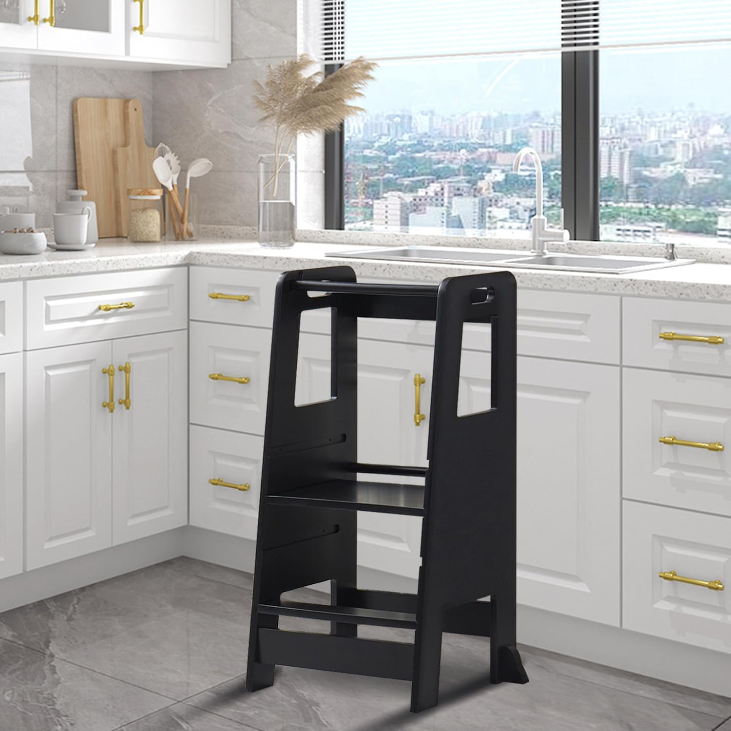 Kid's Wooden Kitchen Step Stool, Adjustable Platform Standing Tower ...