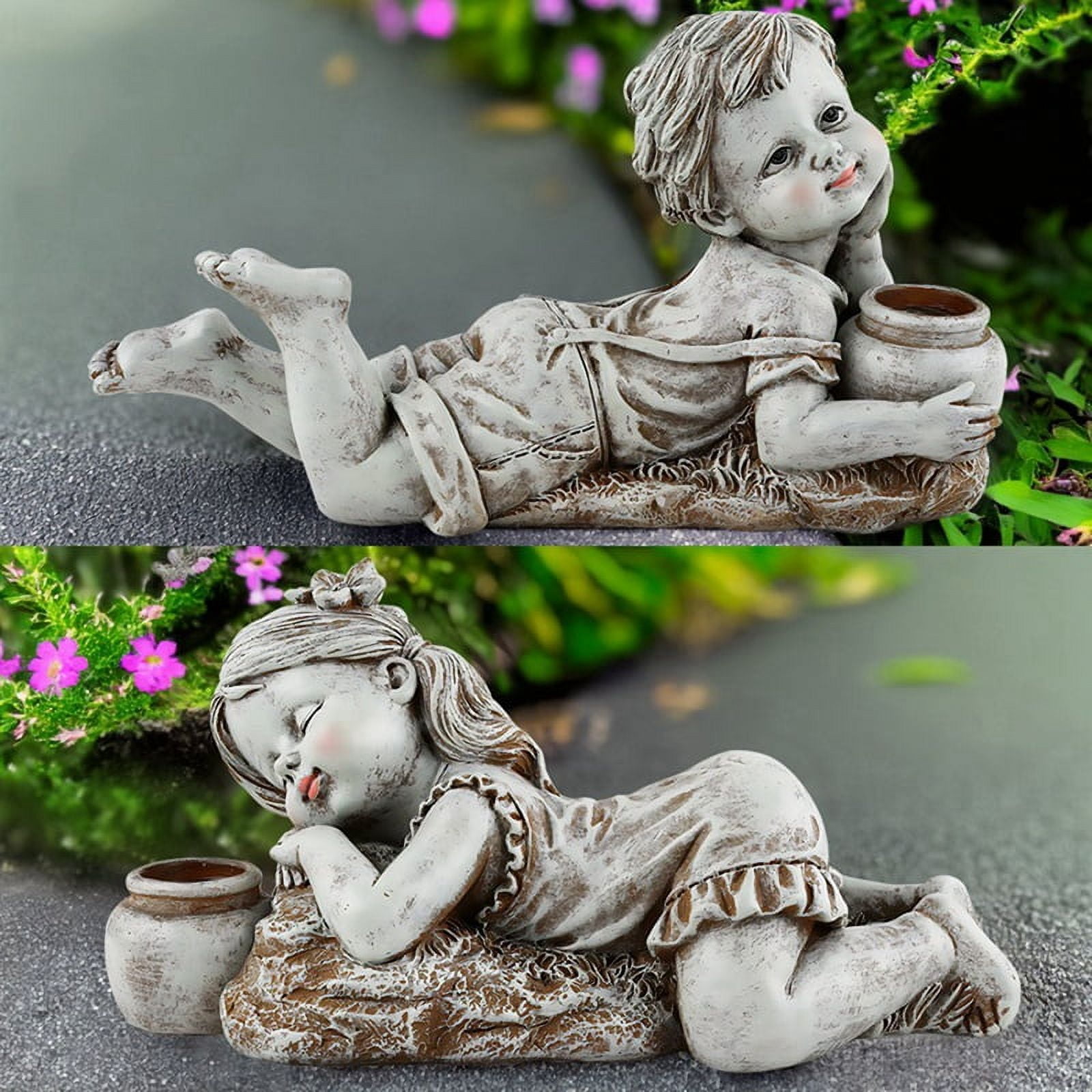 Kid with Solar Lights Garden Decoration Outdoor Statue Resin Jar Boy ...