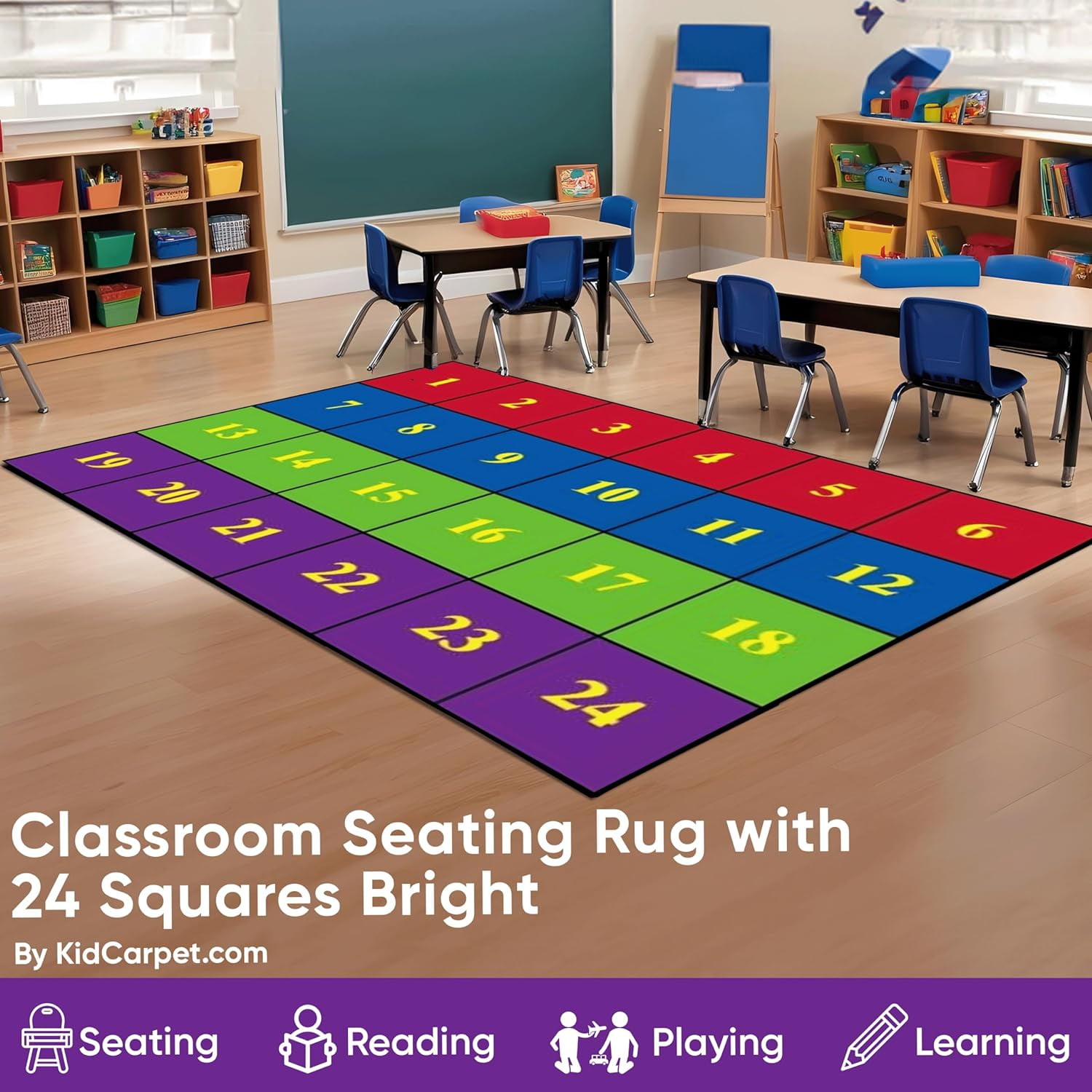 KidCarpet Classroom Seating Rug with 24 Squares Bright, 7'6" x 12 ...