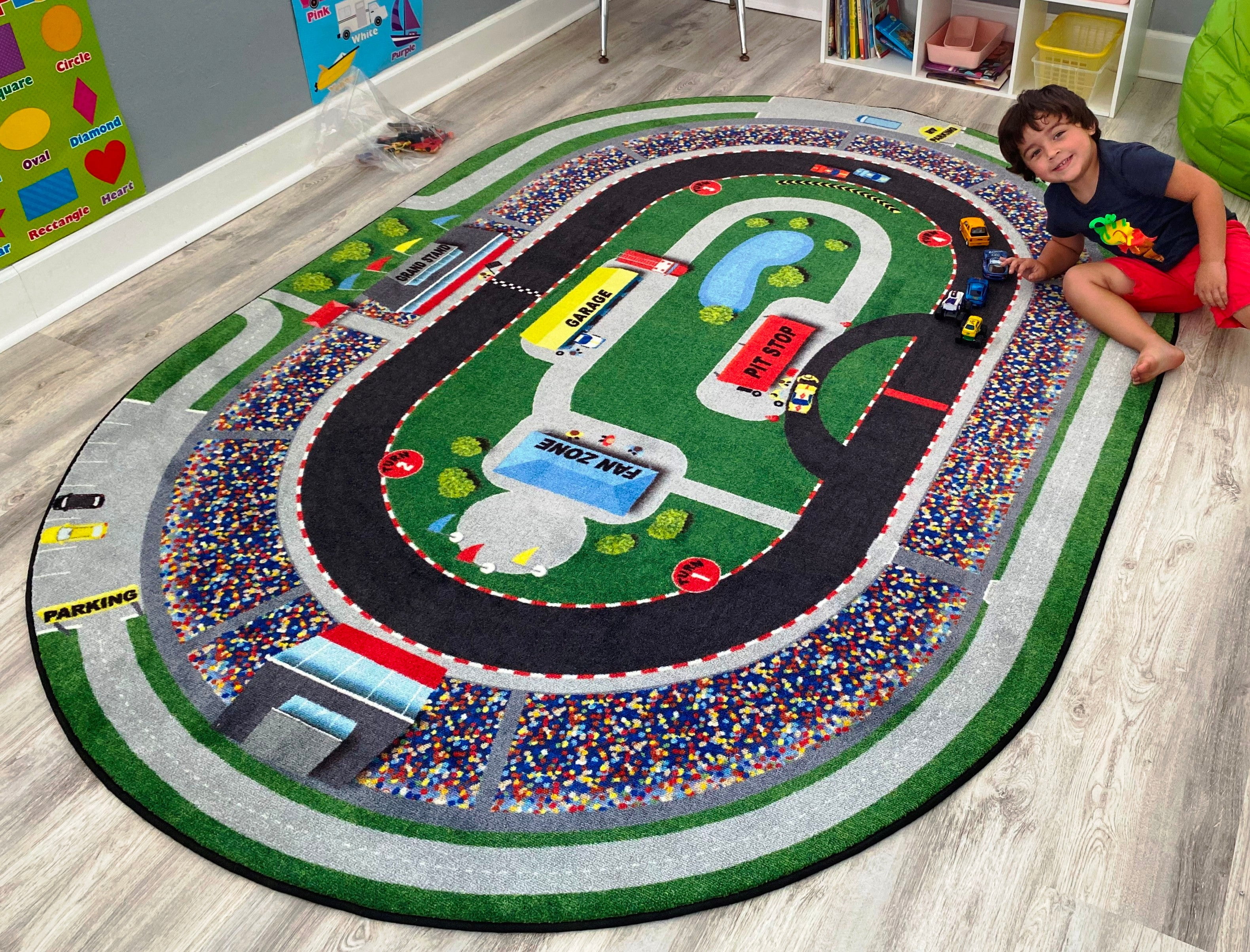 KidCarpet.com Race Car Rug, 7'6" x 12 Oval Race Track Play Rug ...