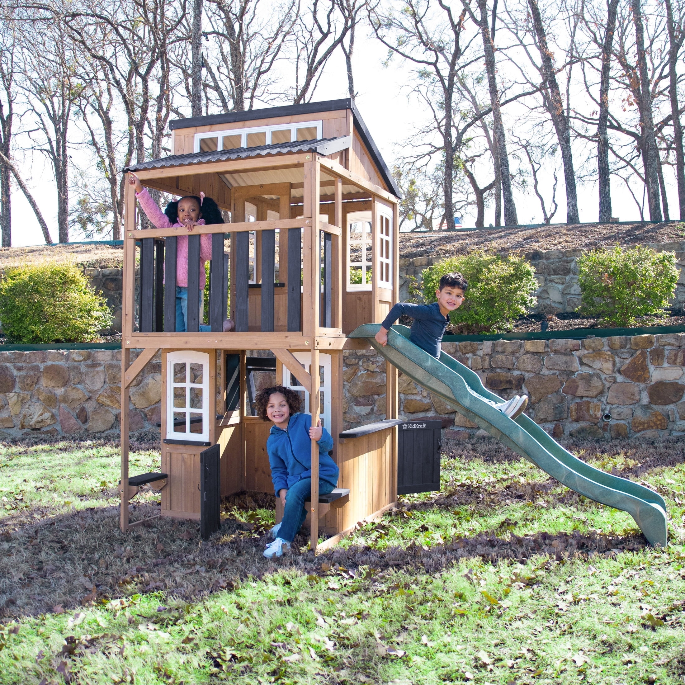 KidKraft Cliffbrook Wooden Outdoor Two-Story Playhouse with Slide ...