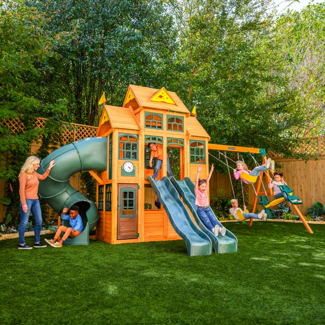 KidKraft Falcon Ridge Outdoor Deluxe Wooden Swing Set / Playset with ...
