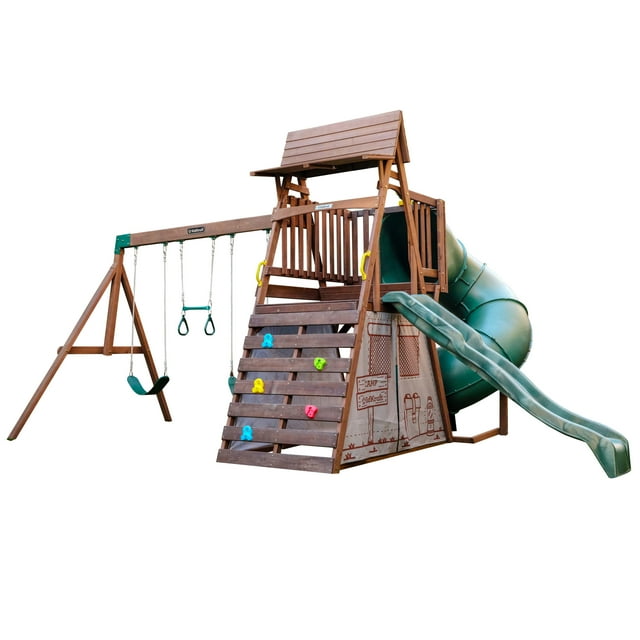 KidKraft Ranger Retreat Wooden Swing Set / Playset with Tent, Tube Slide and 3 Swings - Walmart.com