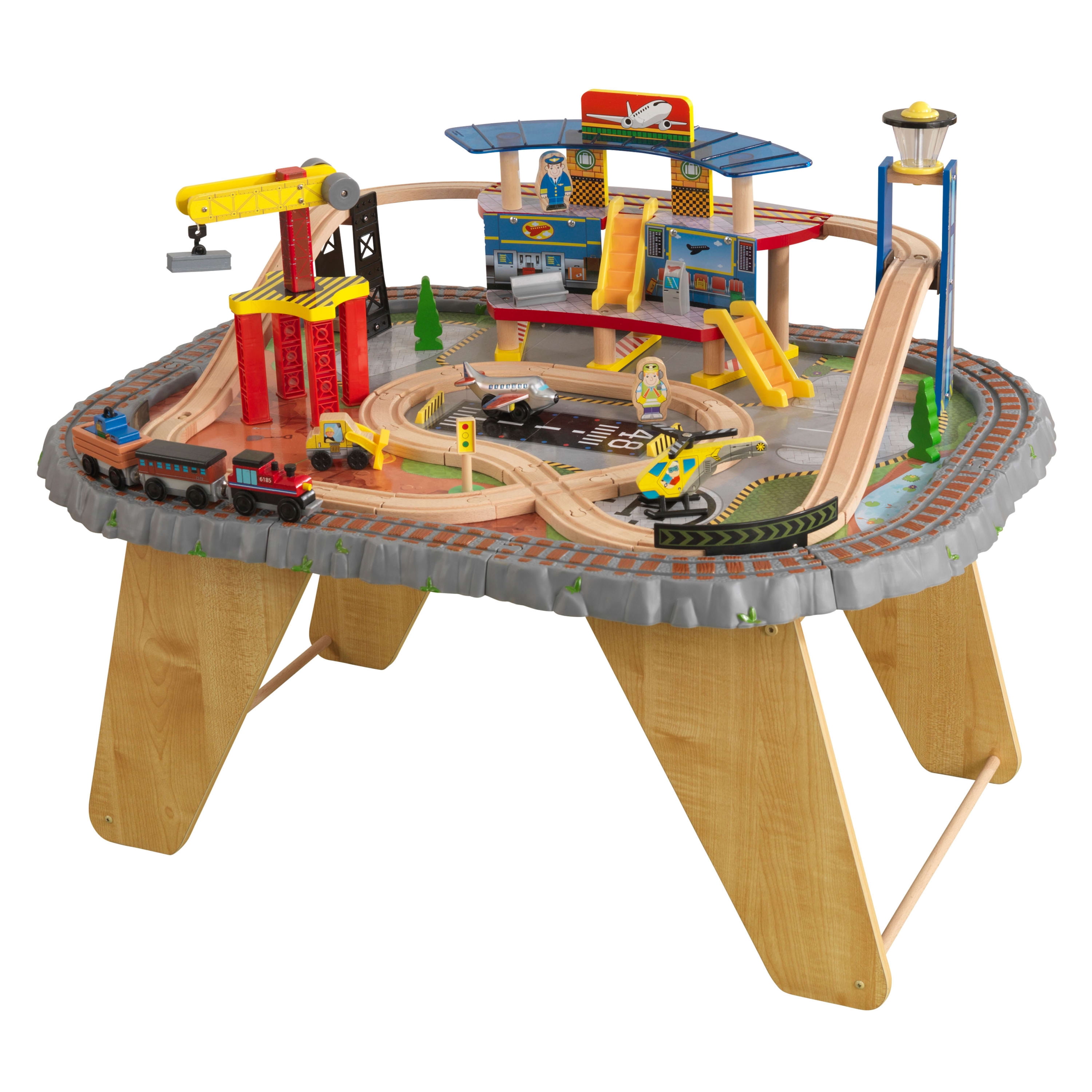 KidKraft Transportation Station Wood Train Set & Table with Airport ...
