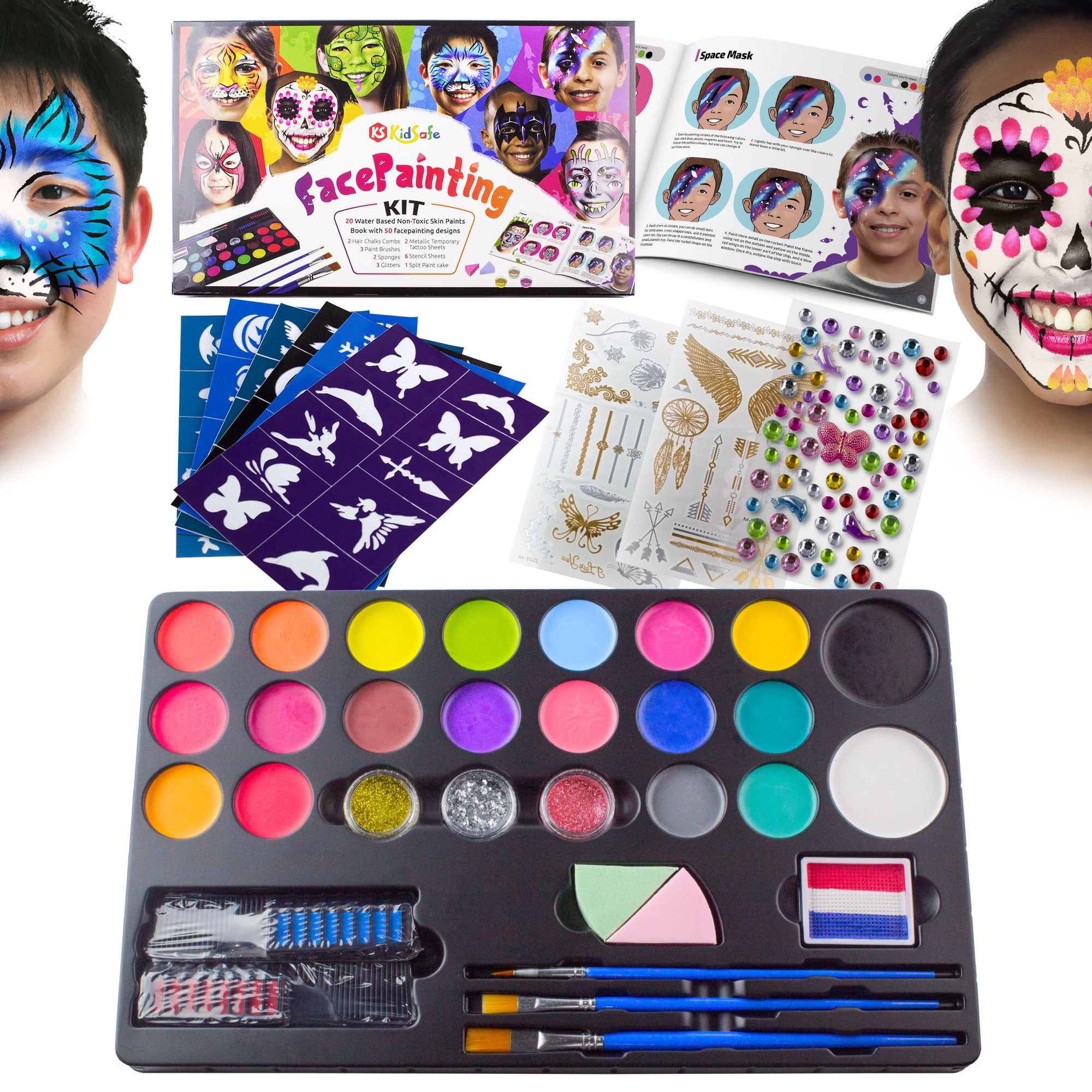 KidSafe Face Painting Kit with 20 Colors, Stencils, Glitter, Hair ...