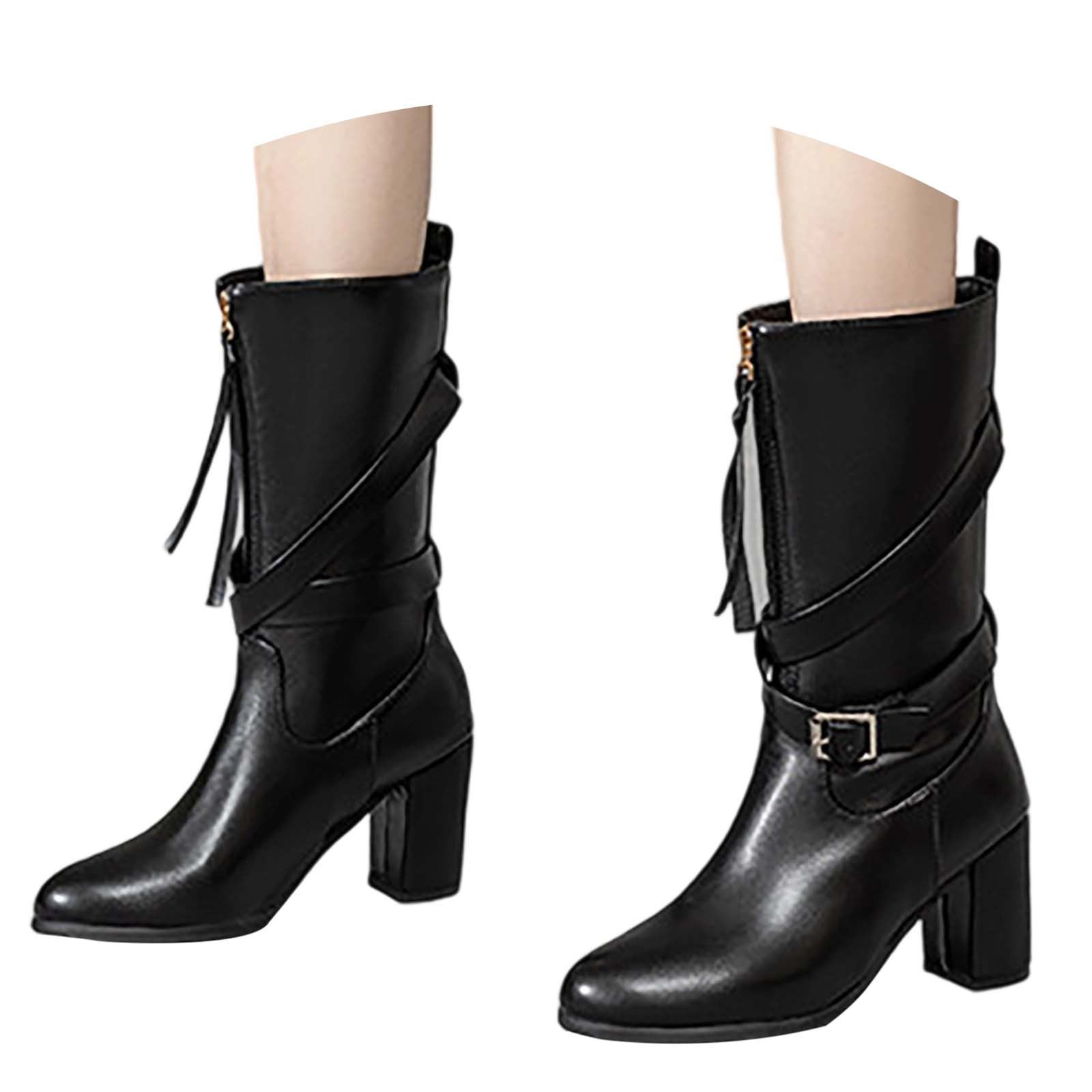 Kidagic Women's Mid Calf Boots Round Toe Zip Front Heel Fringe Square ...