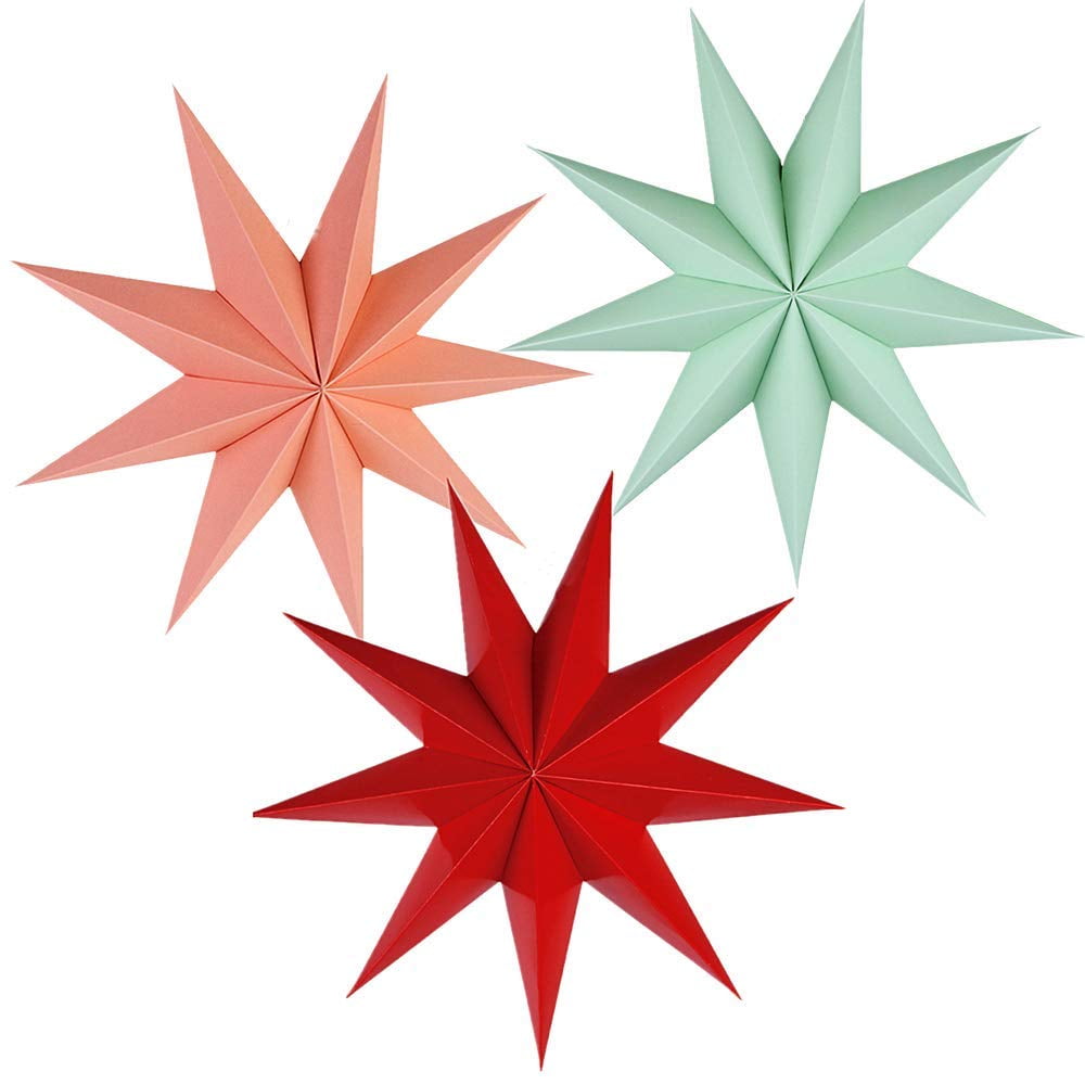 Kiddale 3 Pieces 3D 12" Large Paper Star Red Green Pink Hanging Paper ...